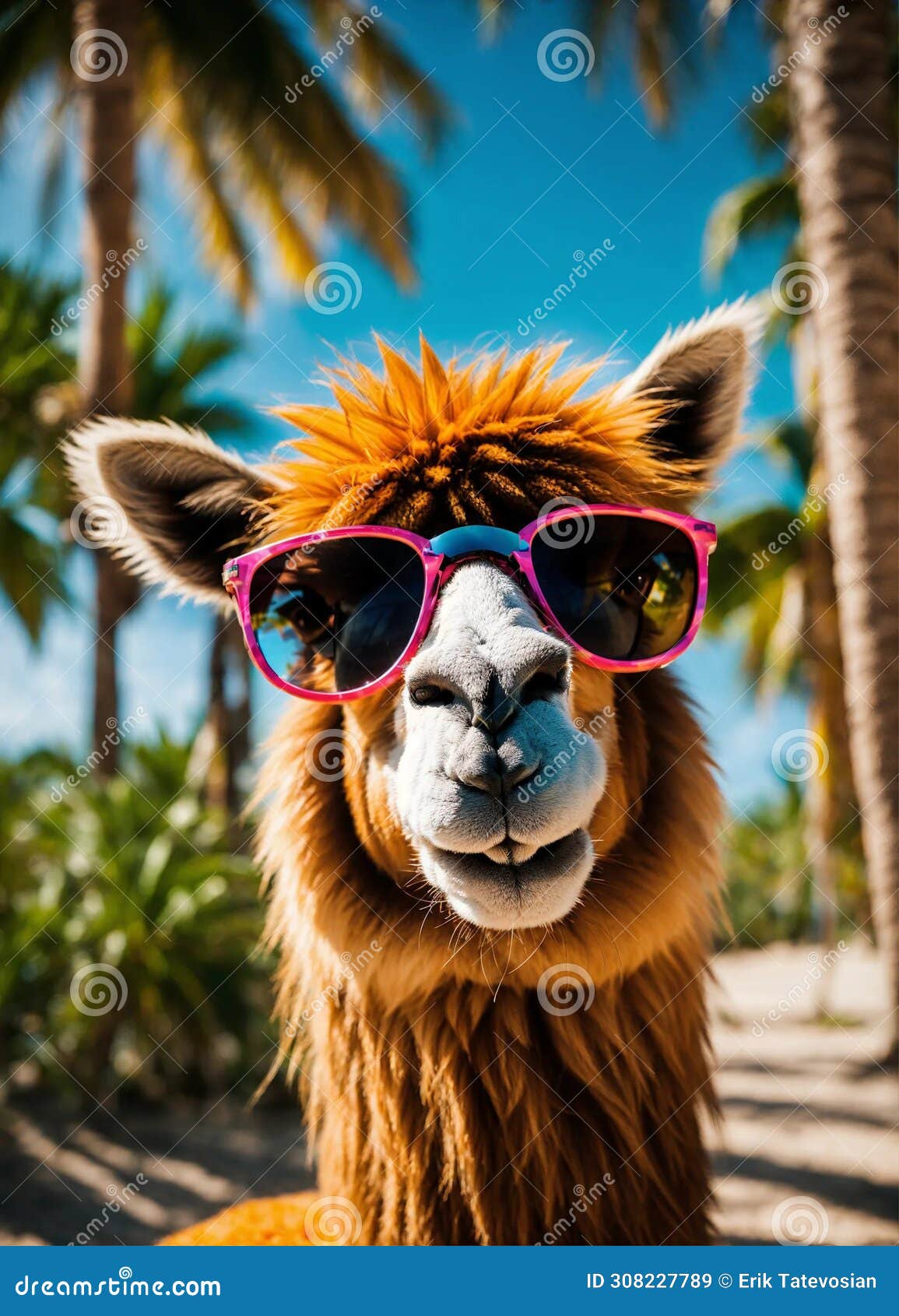 Lama with Glasses on a Background of Palm Trees. Selective Focus Stock ...
