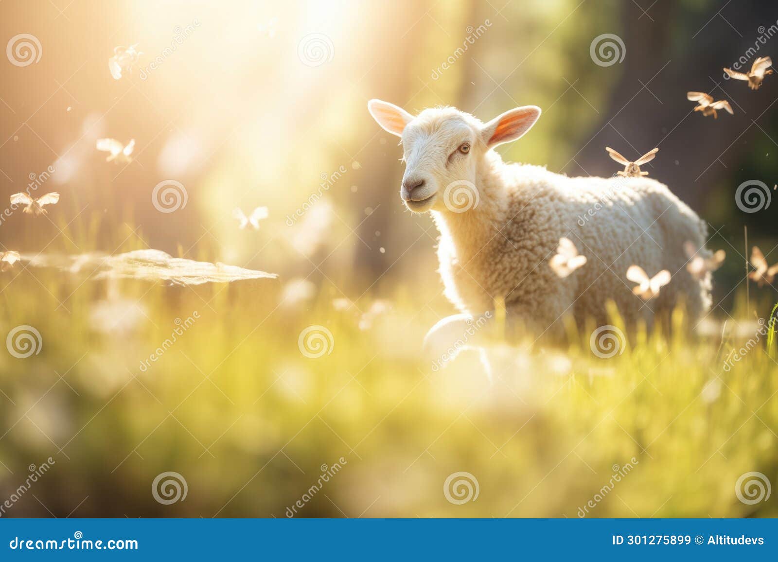 Lamb Chasing Butterflies in Sunlight Stock Illustration - Illustration ...