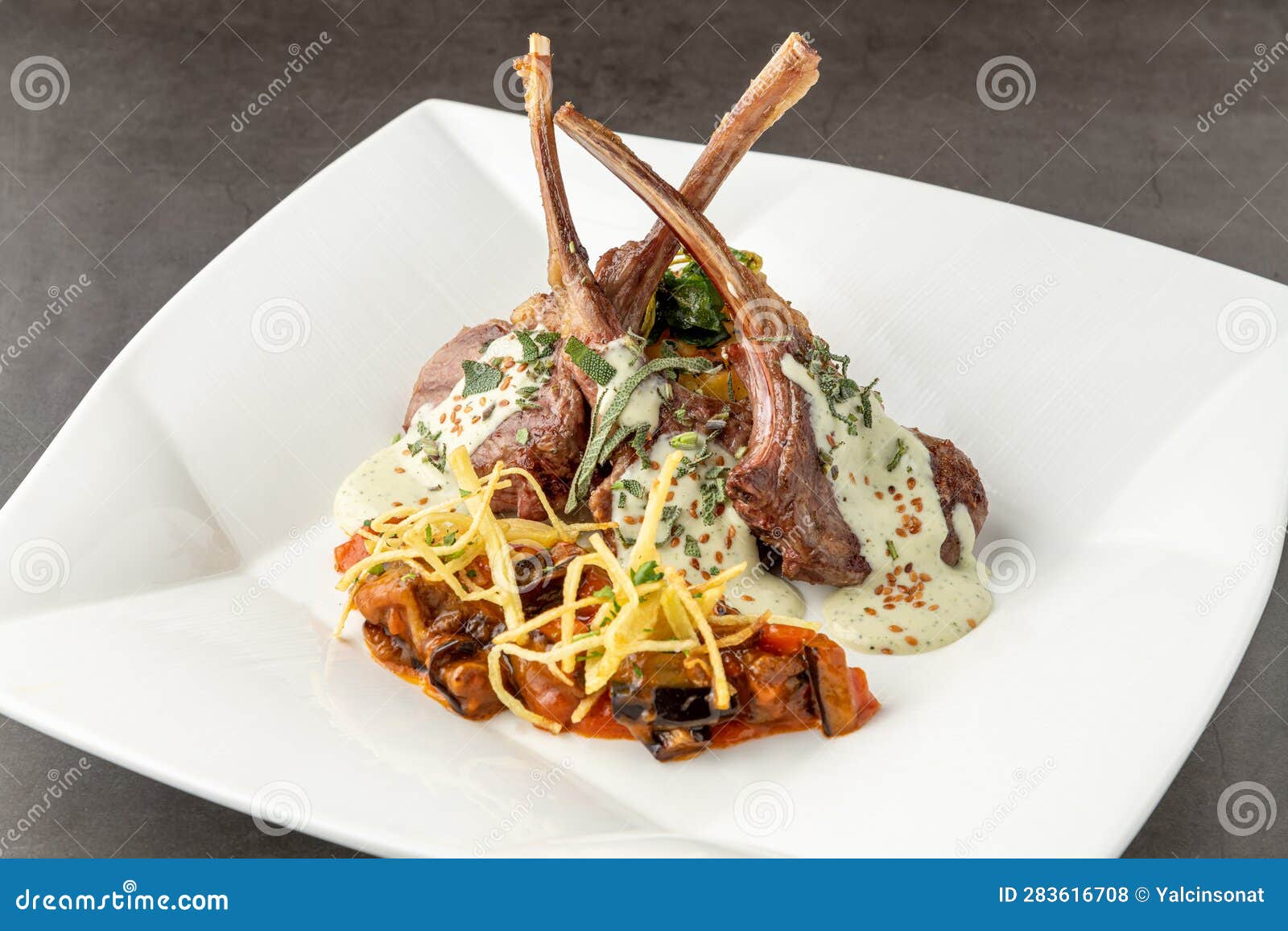Lamb Chops with Various Vegetables at a Fine Dining Restaurant Stock ...