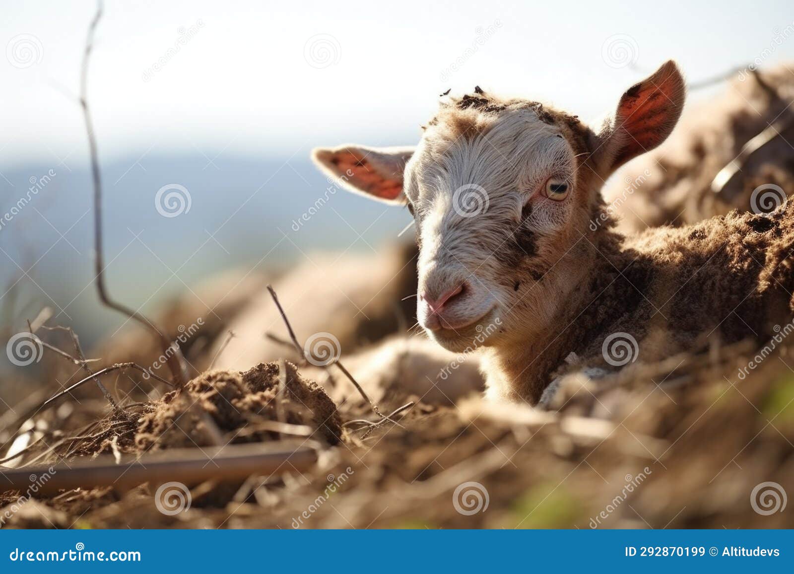 Lamb with Ear Injury Grazing on a Sunny Hillside Stock Image - Image of ...