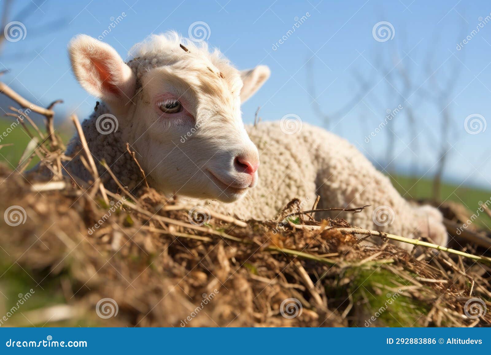 Lamb with Ear Injury Grazing on a Sunny Hillside Stock Photo - Image of ...