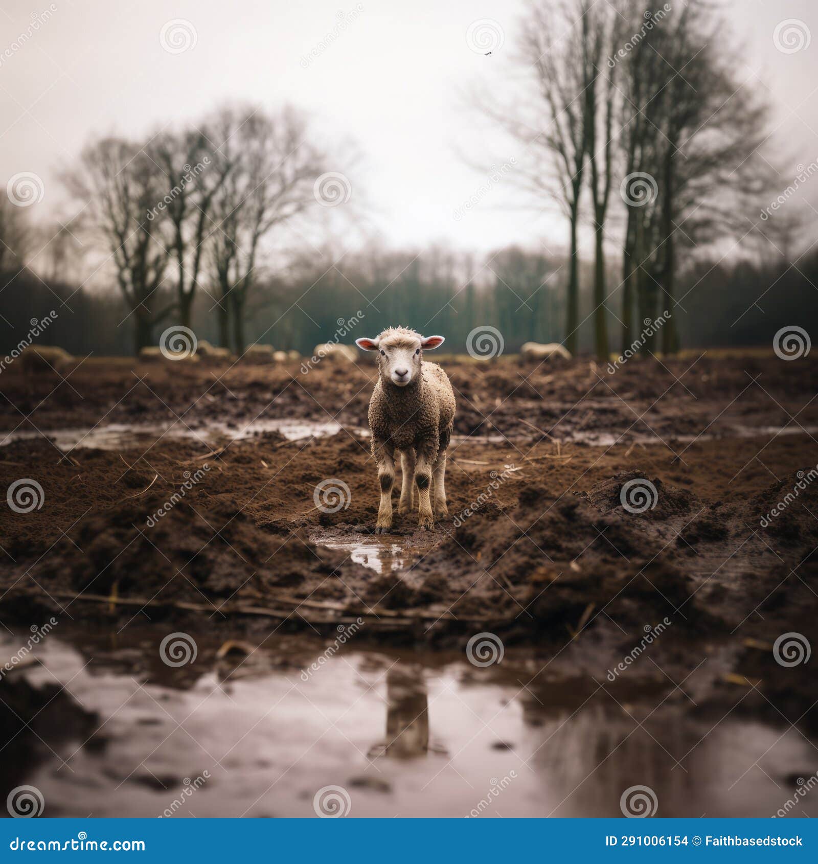 Lamb of God. Little Lamb Standing in the Mud at the Edge of the Forest ...