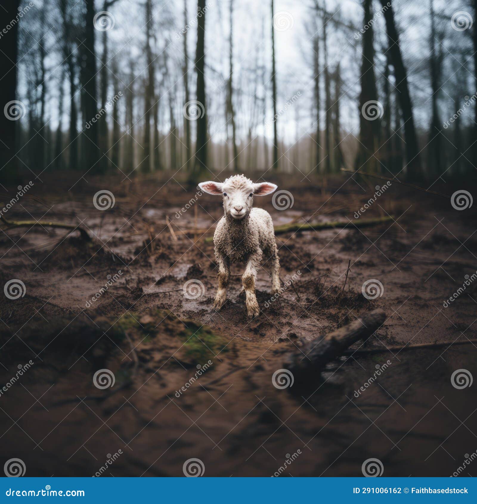 Lamb of God. Little Lamb Standing in the Mud at the Edge of the Forest ...