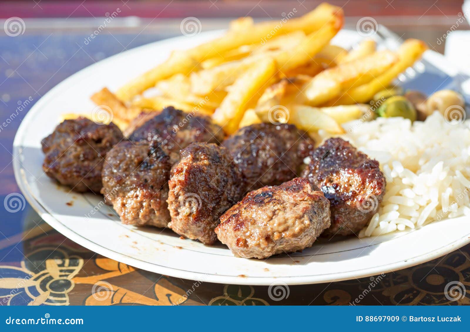 Lamb Kofta with Rice and Fries Stock Image - Image of lamb, burger ...