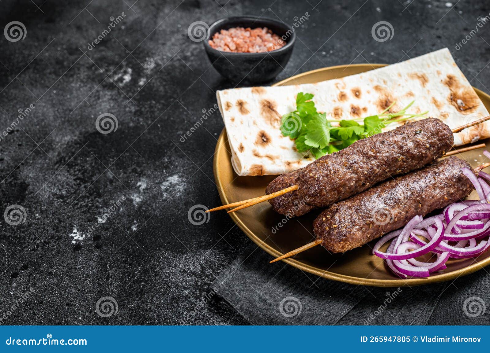 Lamb Meat Kofta Kebab, Onion and Flat Bread on Plate. Black Background ...