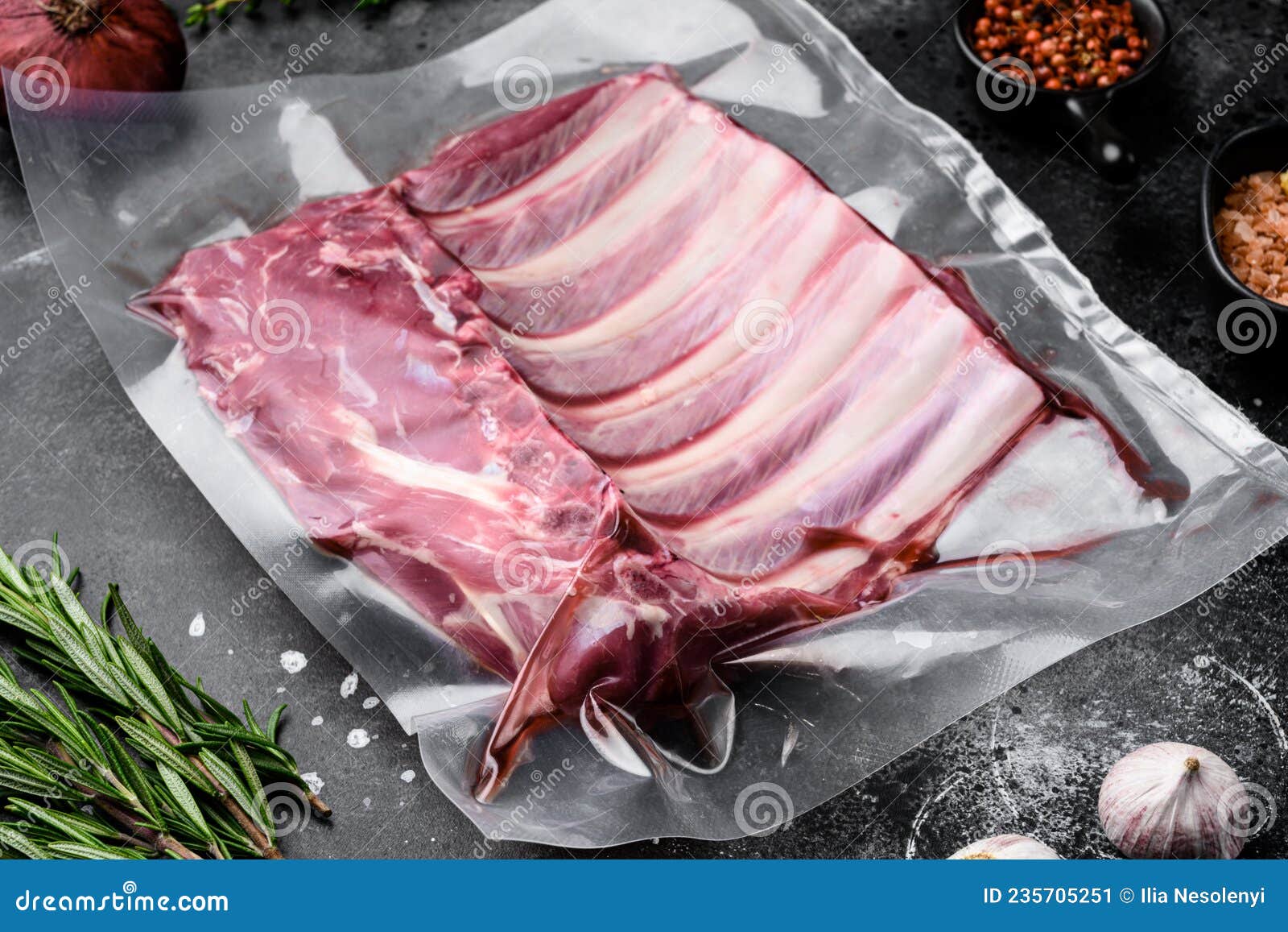 Lamb Rib Pack, on Black Dark Stone Table Background Stock Image - Image ...