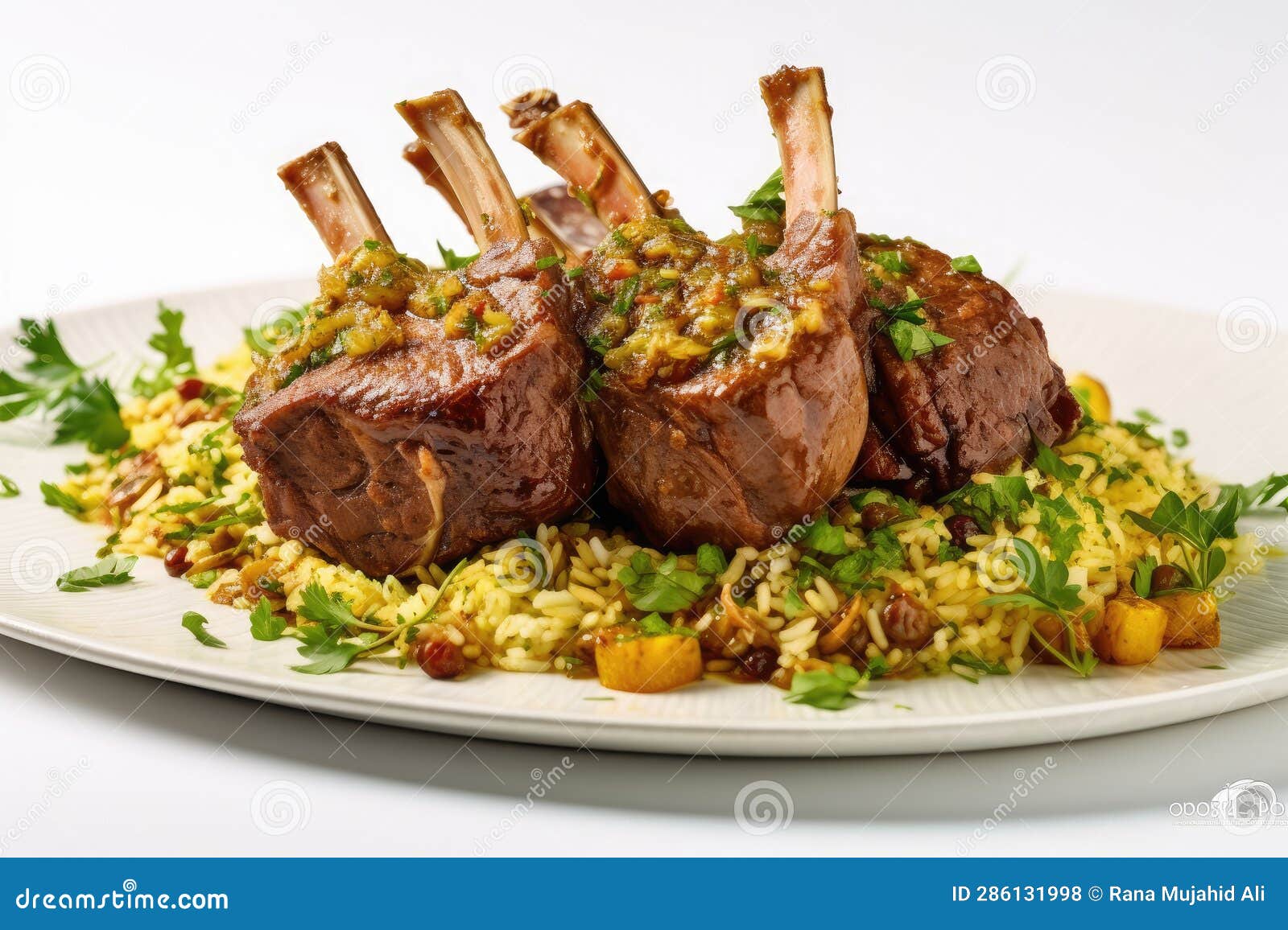 Lamb Shank Biryani Rice with Lemon and Mint on Top Generative AI Stock ...