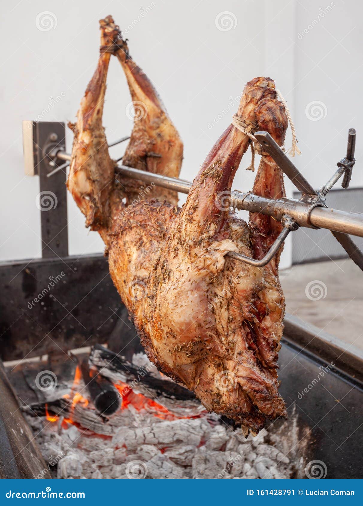 Lamb spit in the backyard stock image. Image of rotating - 161428791