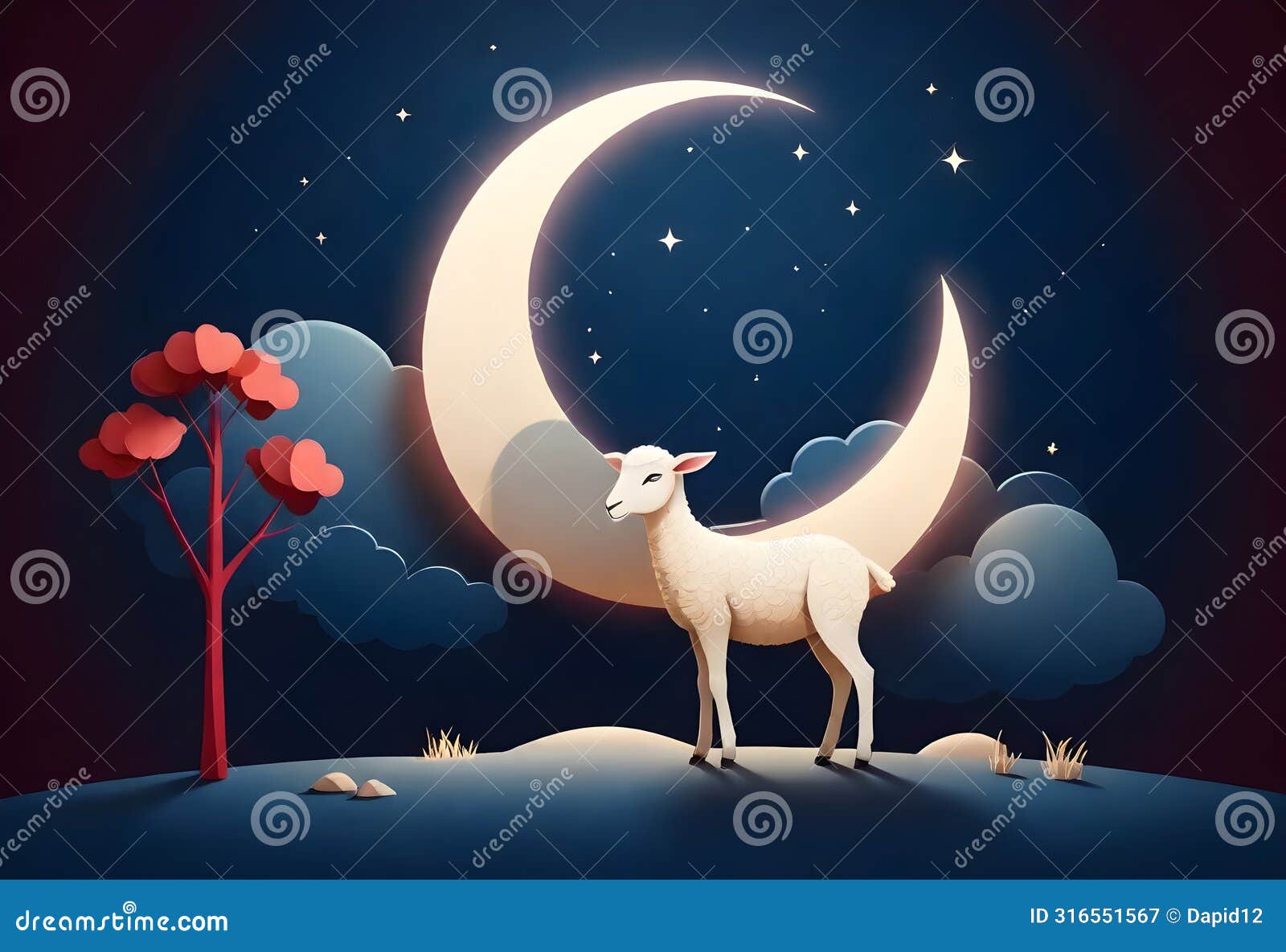 A Lamb is Standing Under a Moon and the Moon is on the Night Sky with ...