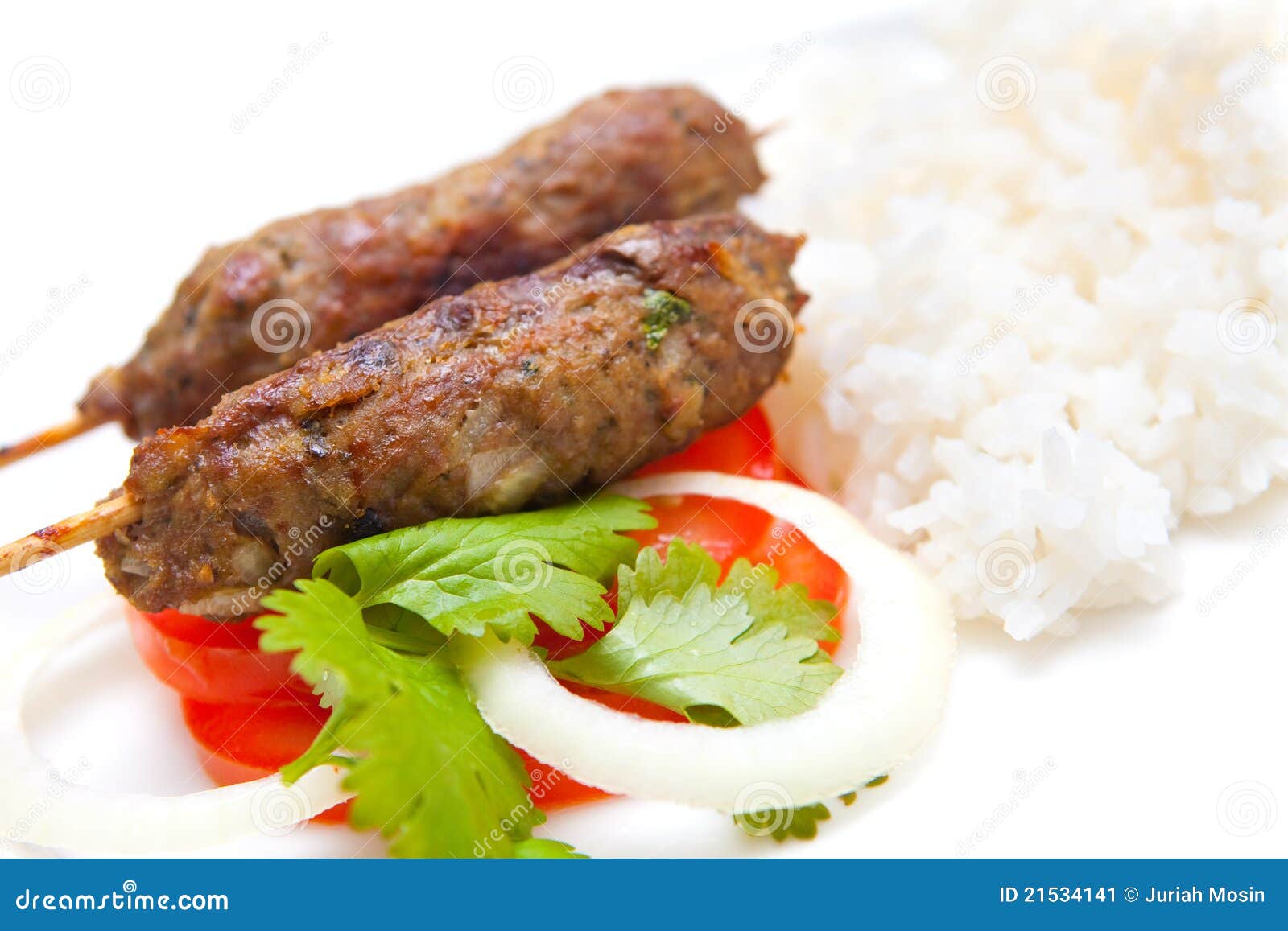 Lamm Seekh Kebabs Dienten Mit Reis Stockbild - Bild von mittagessen ...