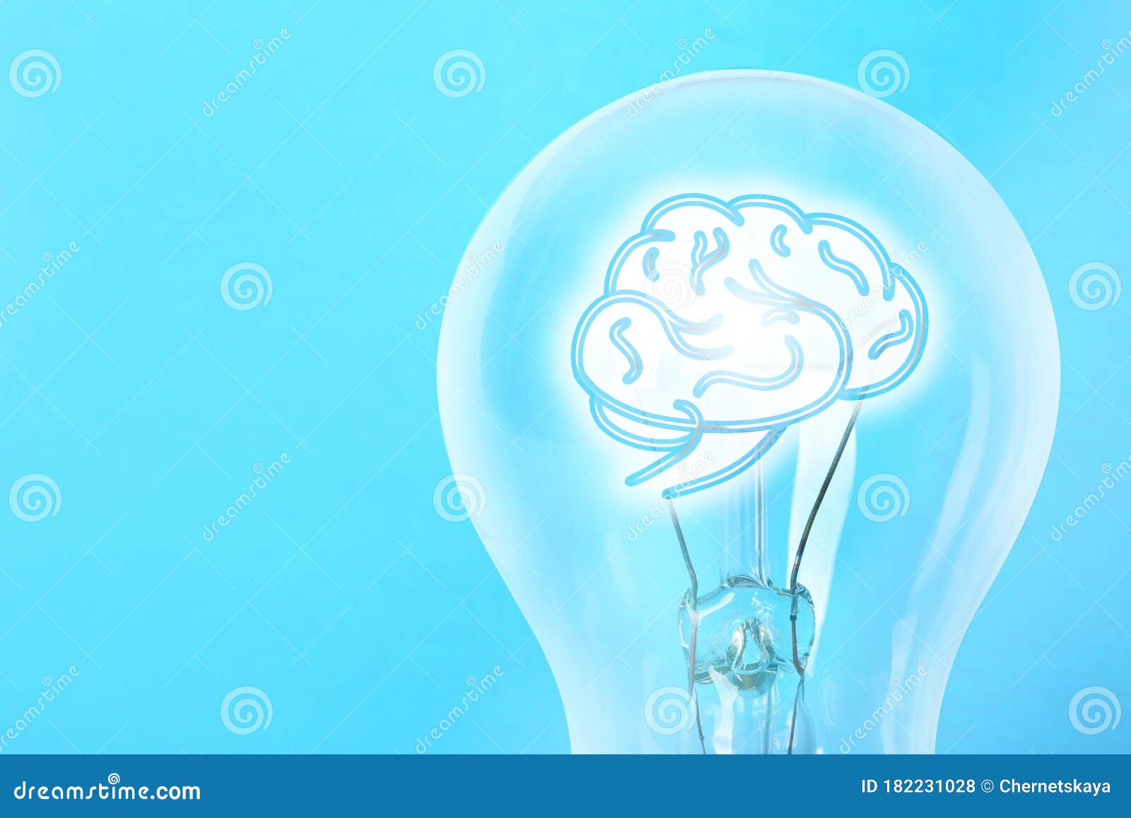 Lamp Bulb with Human Brain Inside on Blue Background, Space for Text ...