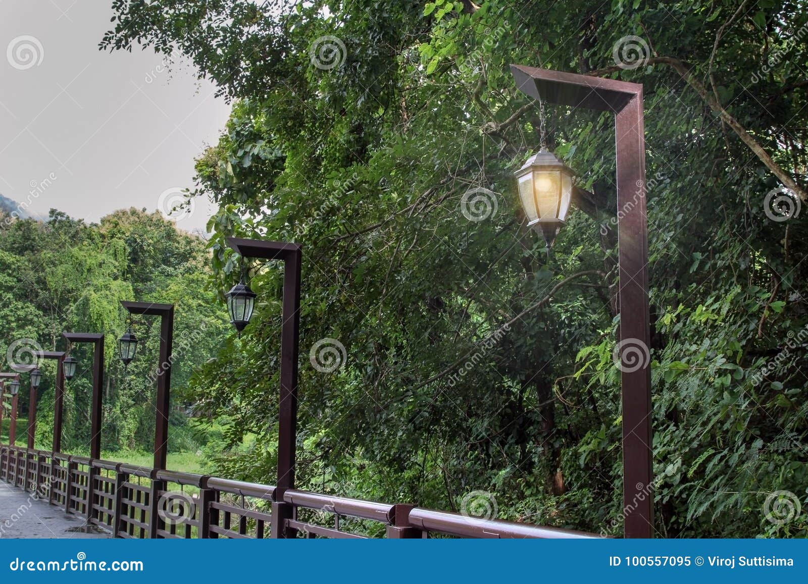Lamp Light Poles and Rays on the Bridge, Open One. Stock Image - Image ...