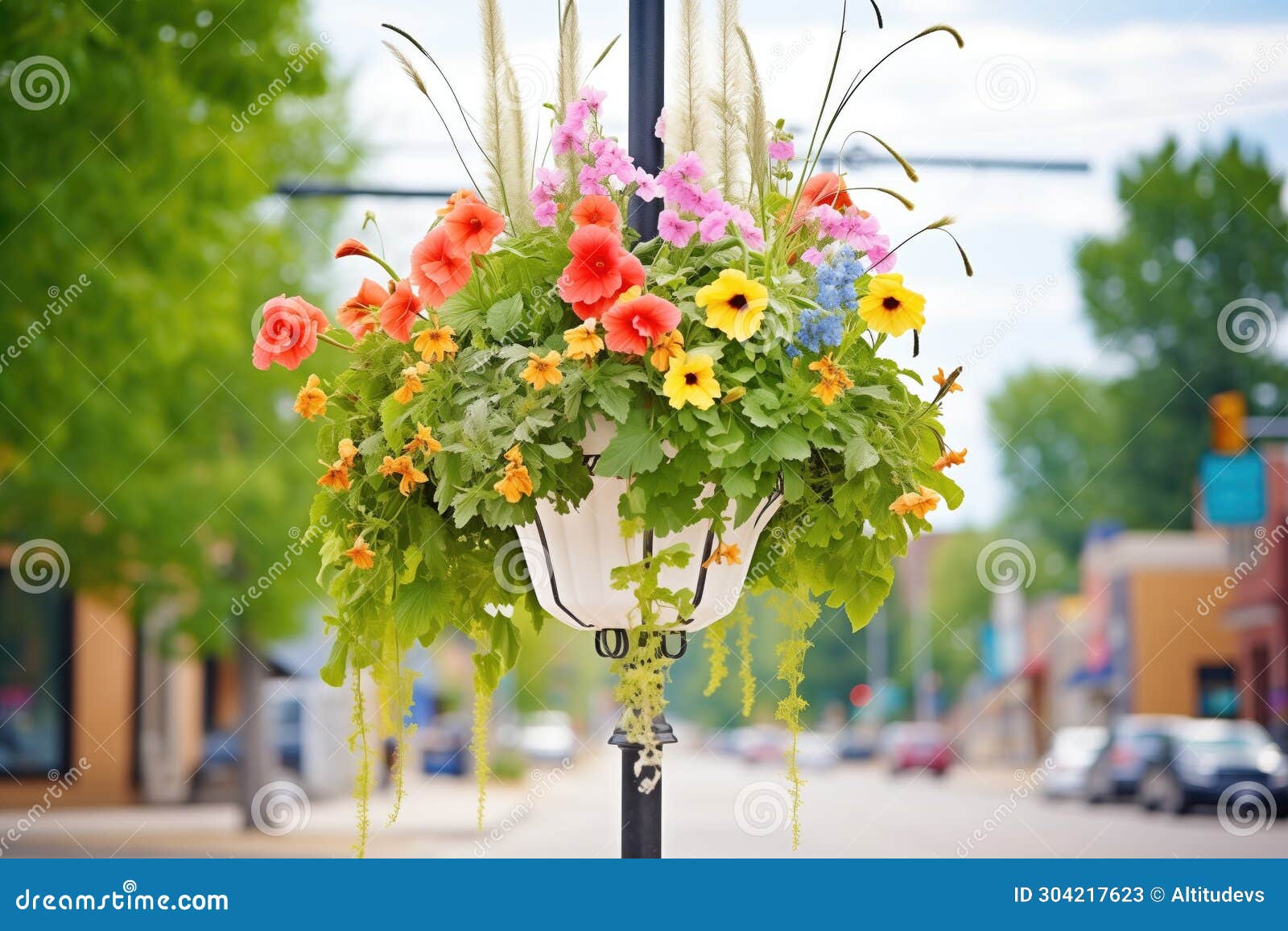 Lamp Post with Hanging Flower Baskets Stock Image - Image of pedestrian ...