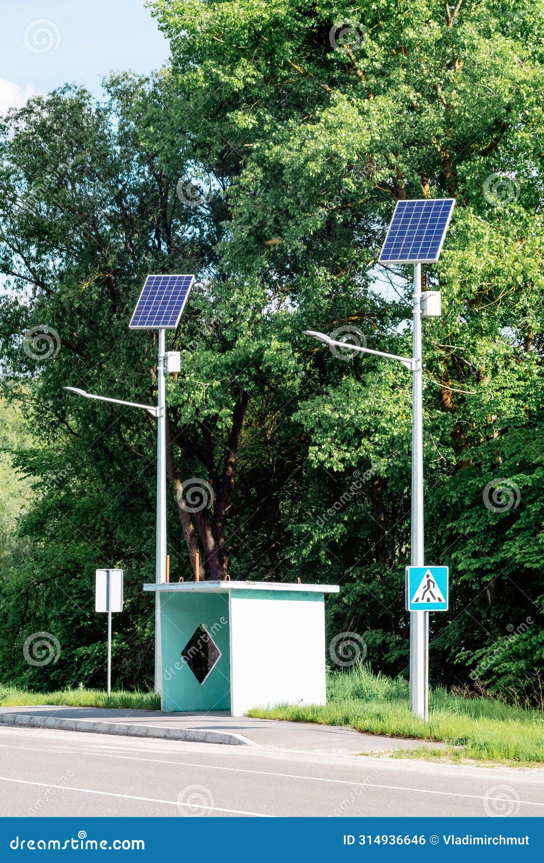 Lamp Post with Solar Panel System on Road with Blue Sky and Trees ...