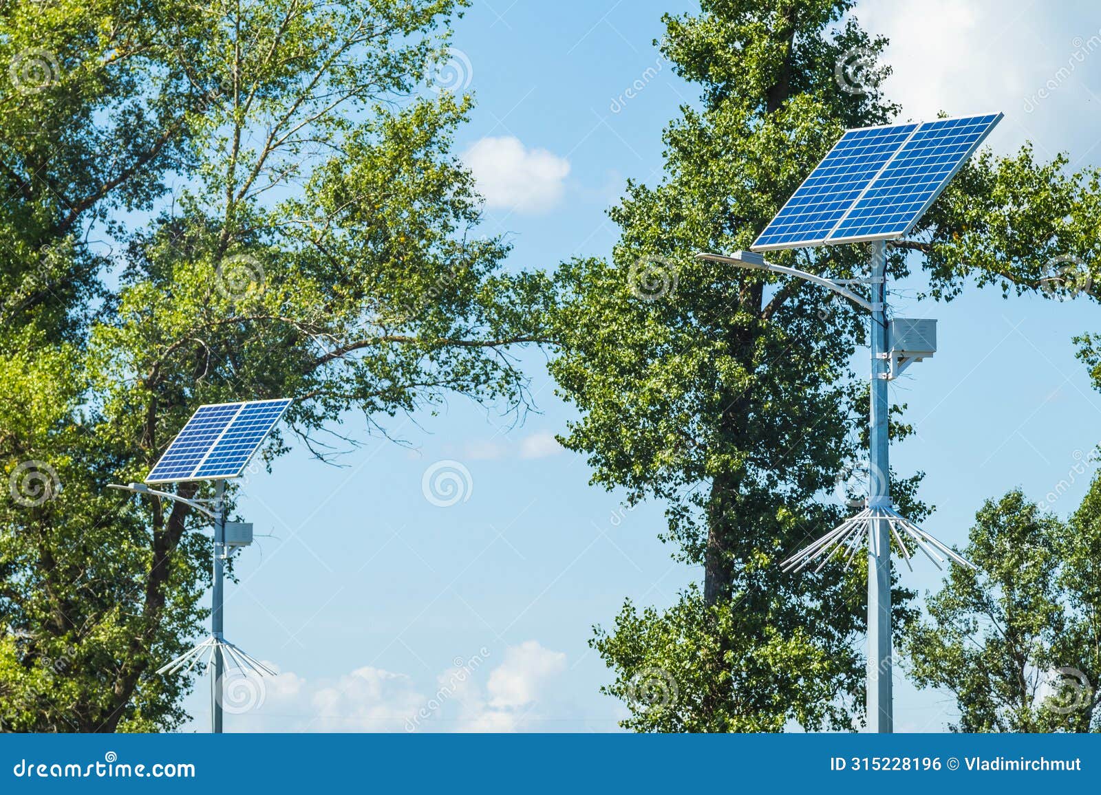Lamp Post with Solar Panel System on Road with Blue Sky and Trees ...