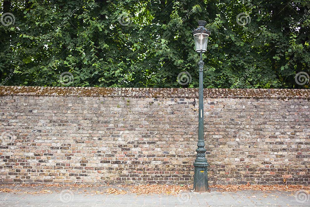 Lamp Post Street on Brick Wall Background Stock Image - Image of rusty ...