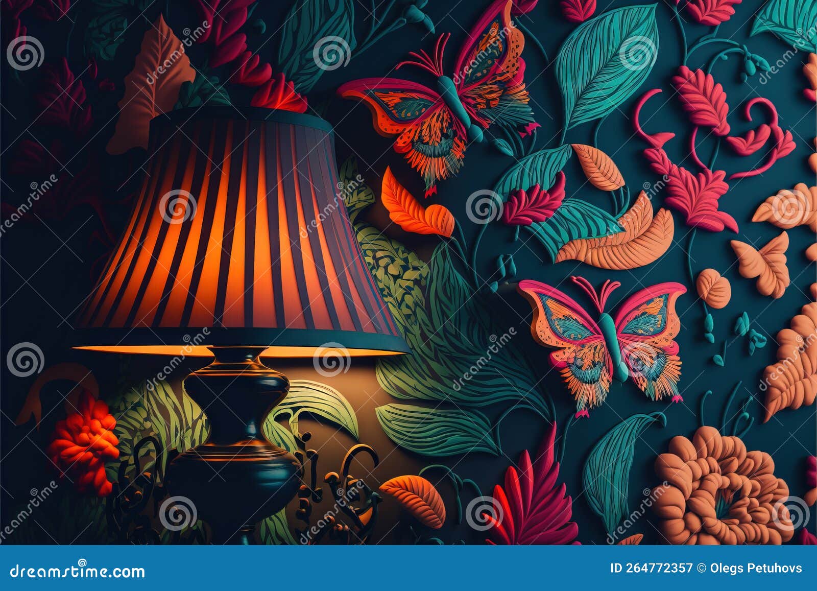 A Lamp and a Lamp Shade on a Table with a Wallpaper Design on it and a ...