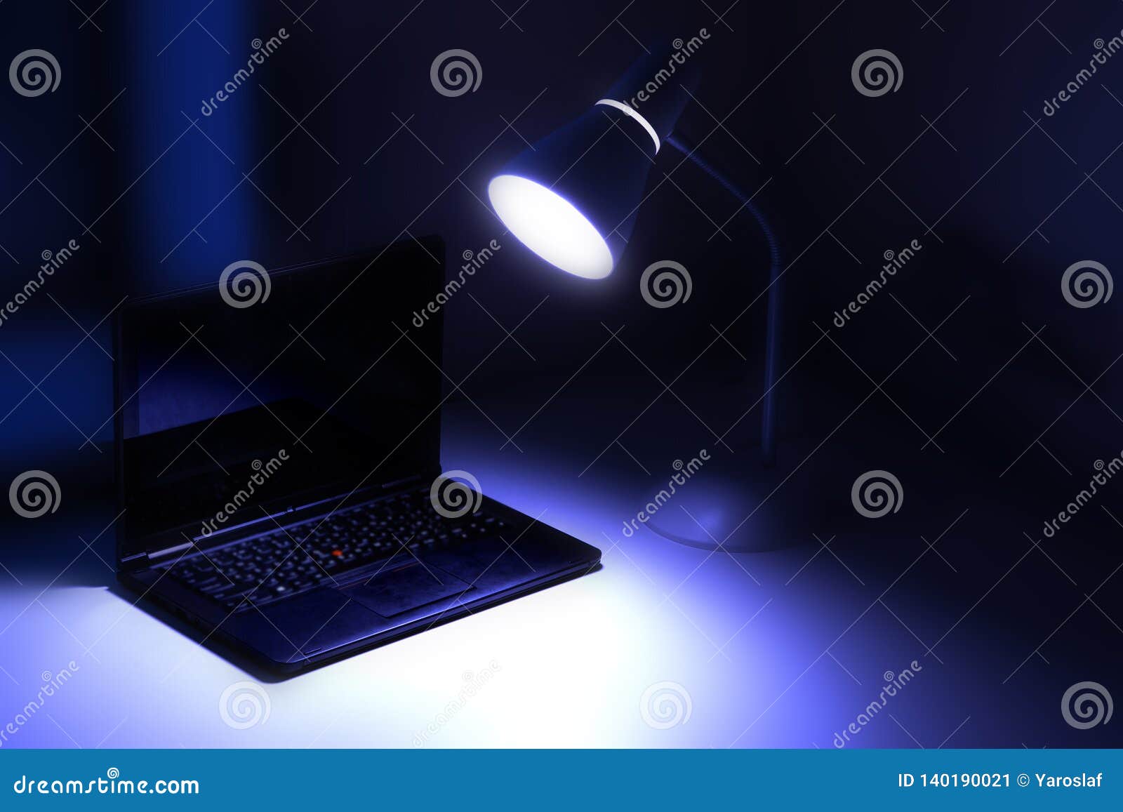 Lamp Shines on the Table and a Laptop Stock Image - Image of room ...