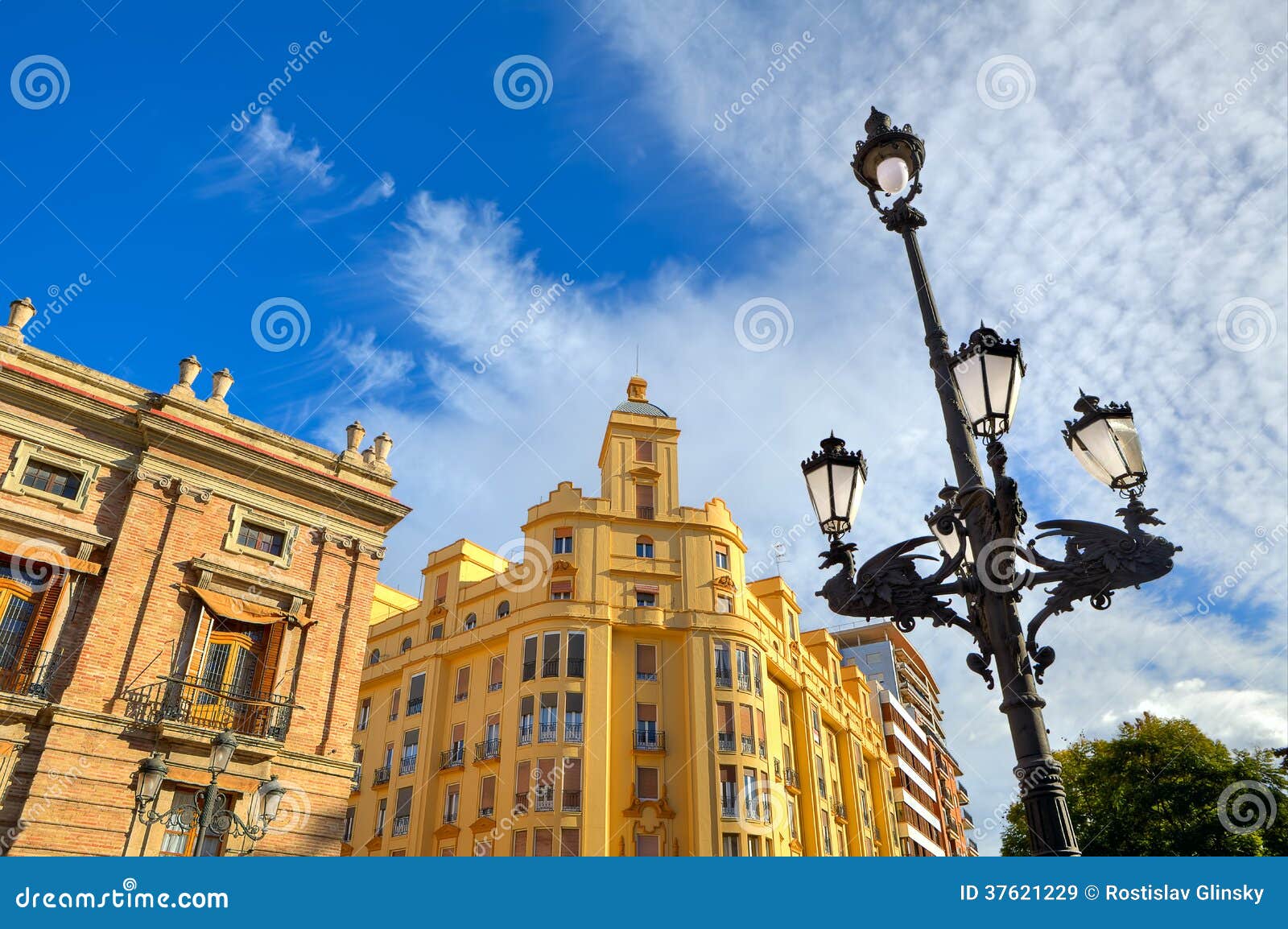 Lamppost and Typical Buildings in Valencia, Spain. Stock Image - Image ...