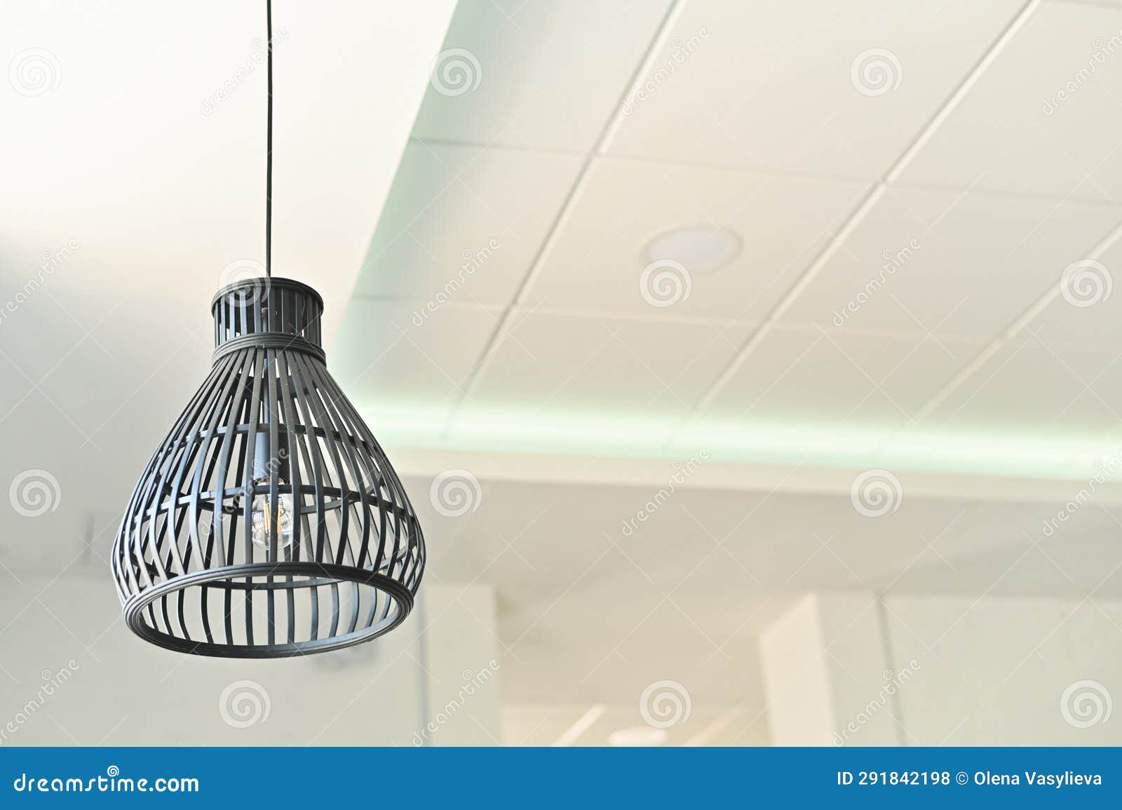 Lamps on Long Wires in Front in a Bright Interior, Elements of Lighting ...