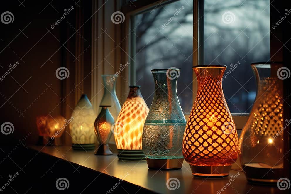 Lamps Placed on Window Sills Creating Glimmering Patterns Stock Image ...