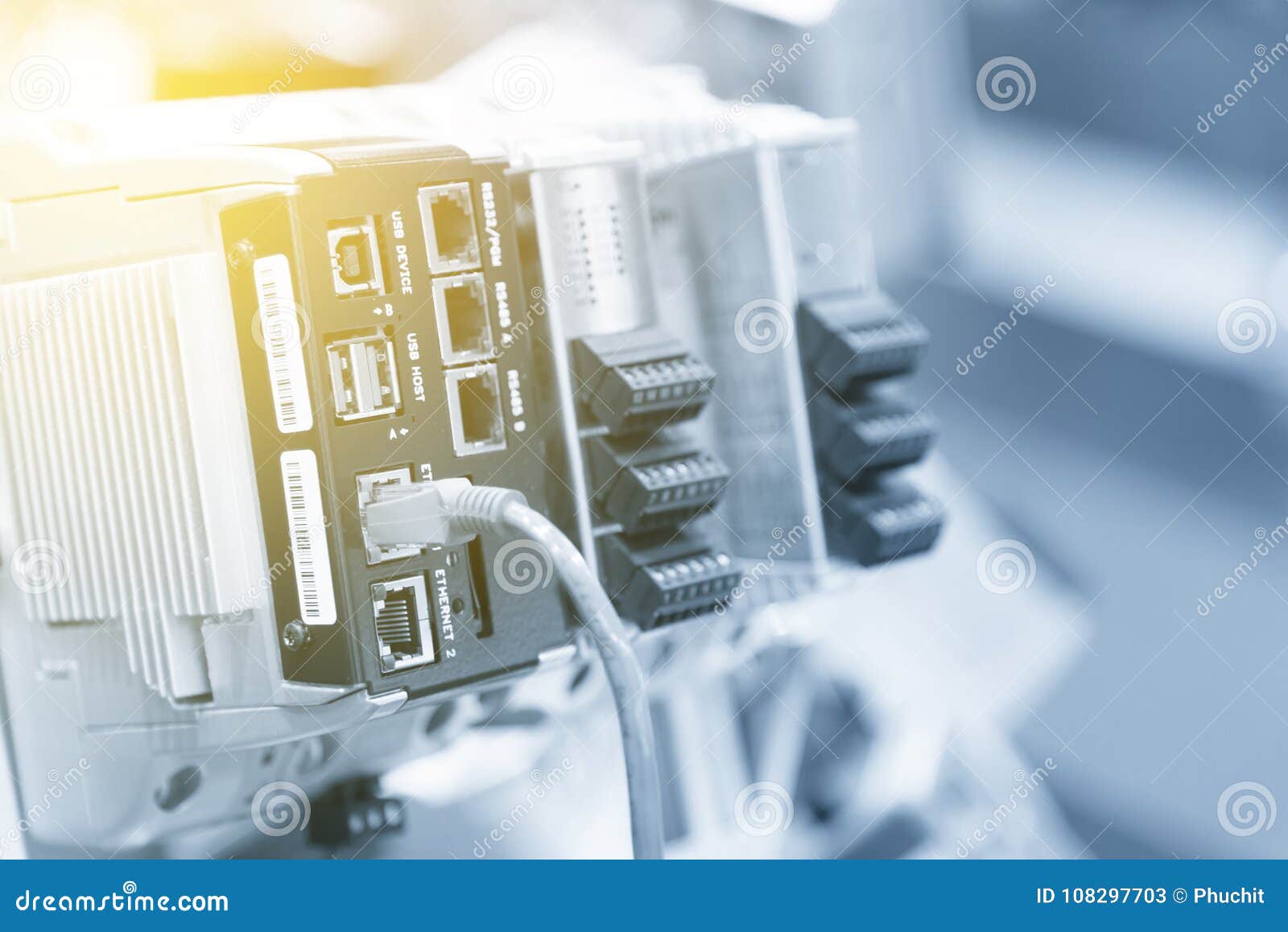 The LAN Cable in the Control Board in Light Blue Scene Stock Image ...