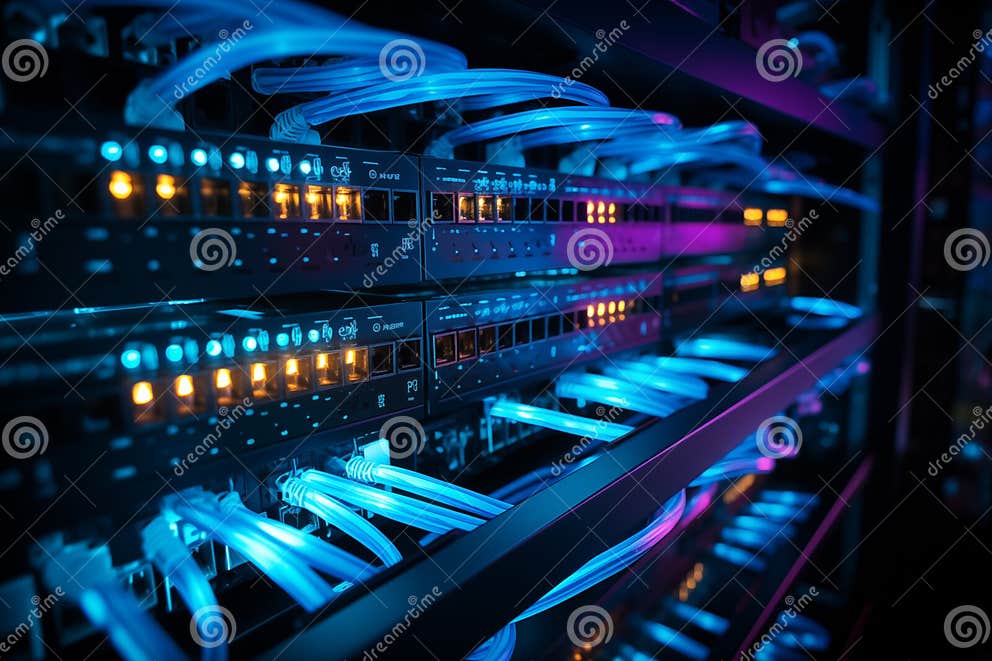 LAN Network Switches with Blinking Lights Indicating Data Transfer ...