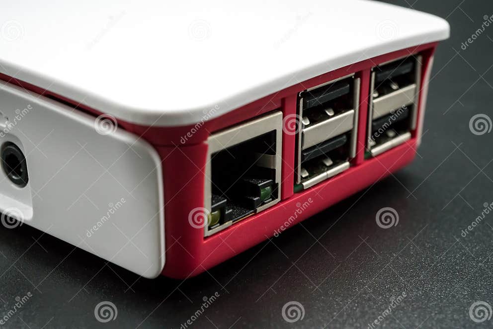 LAN and USB Ports of Single-board Computer in White and Red Plastic ...