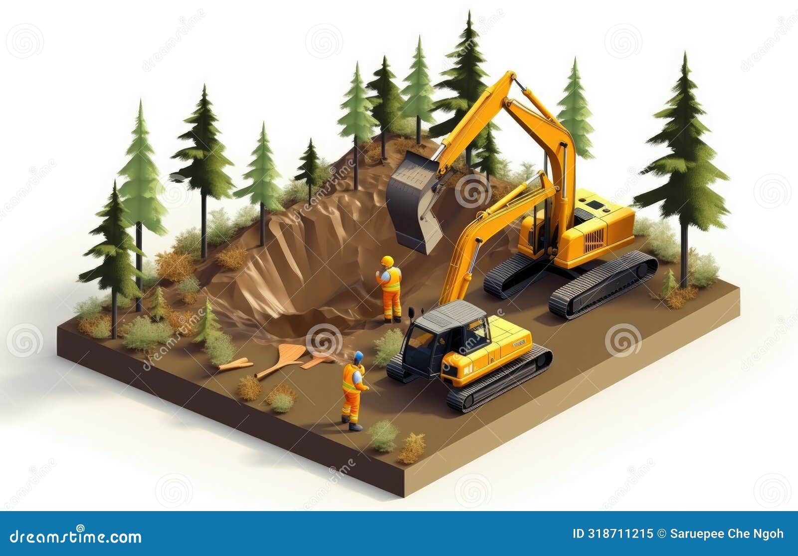 Land Development Concept Backhoe Clearing in Forest Isometric and ...