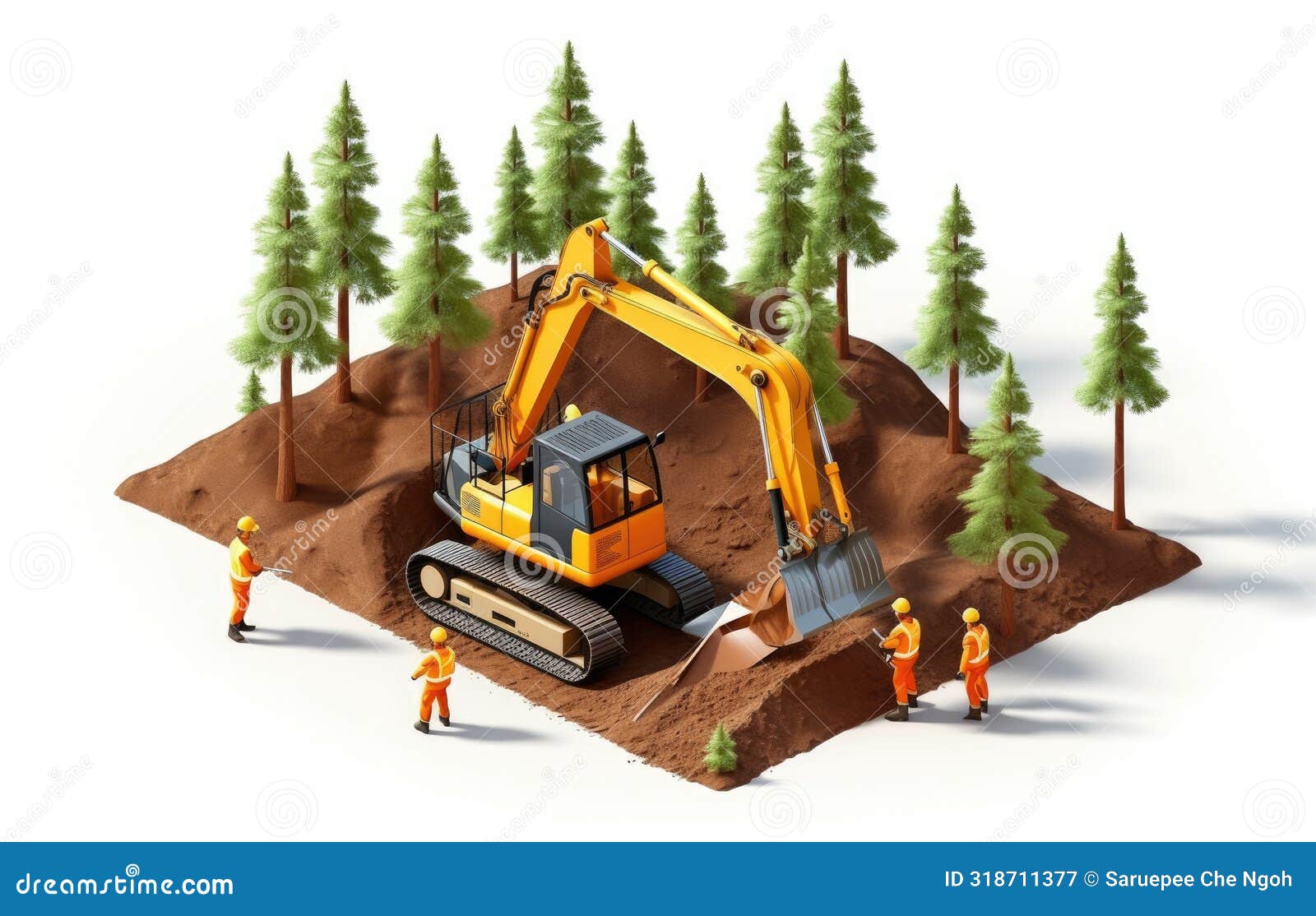Land Development Concept Backhoe Clearing in Forest Isometric and ...