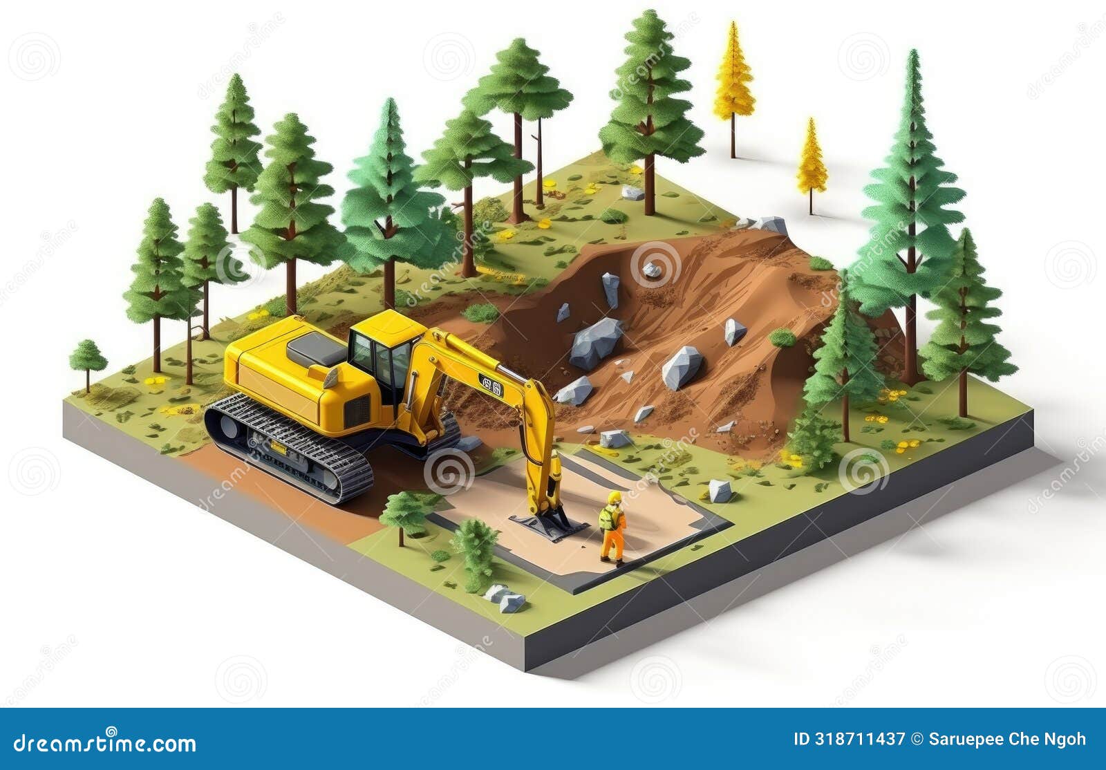 Land Development Concept Backhoe Clearing in Forest Isometric and ...