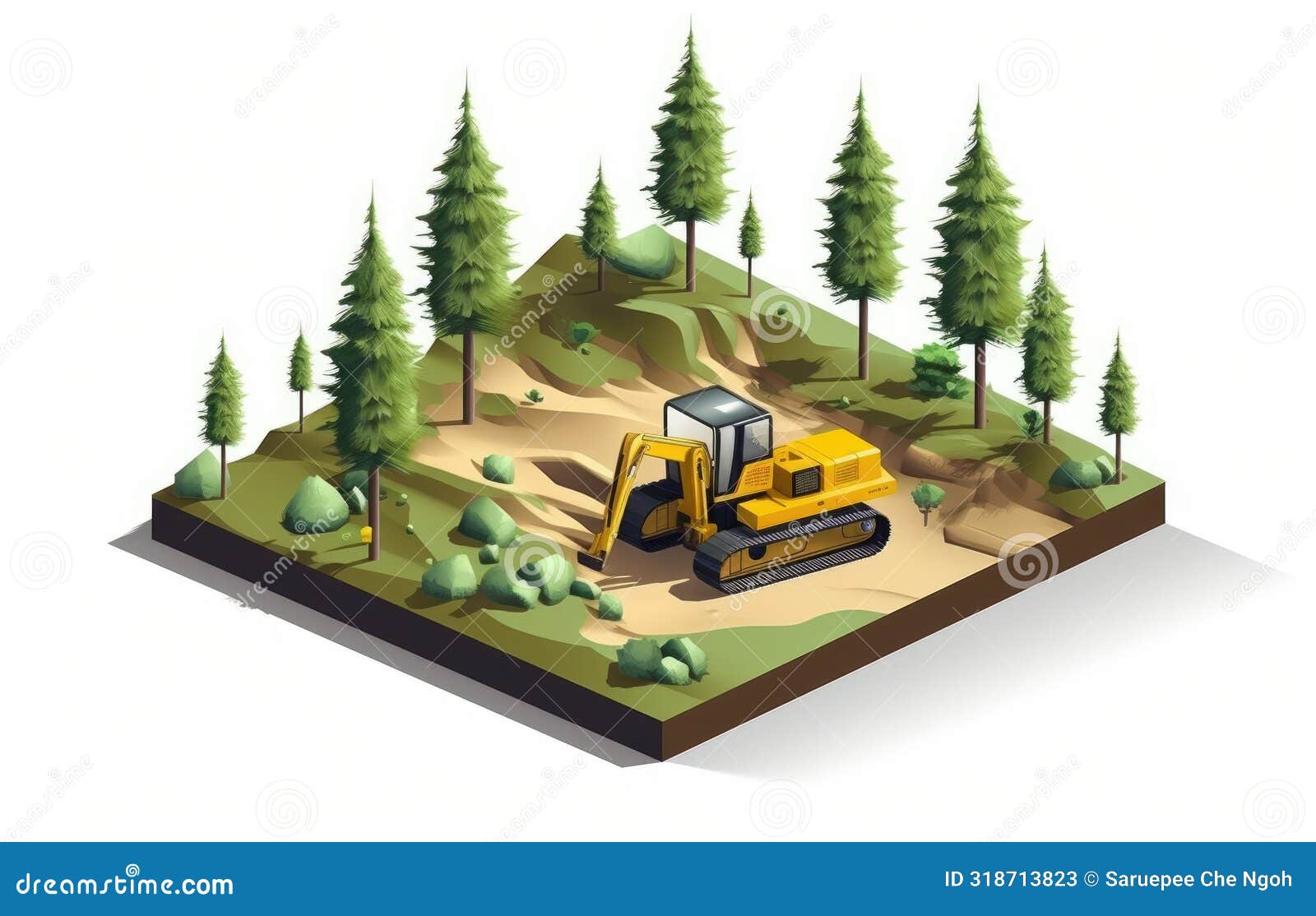 Land Development Concept Backhoe Clearing in Forest Isometric and ...