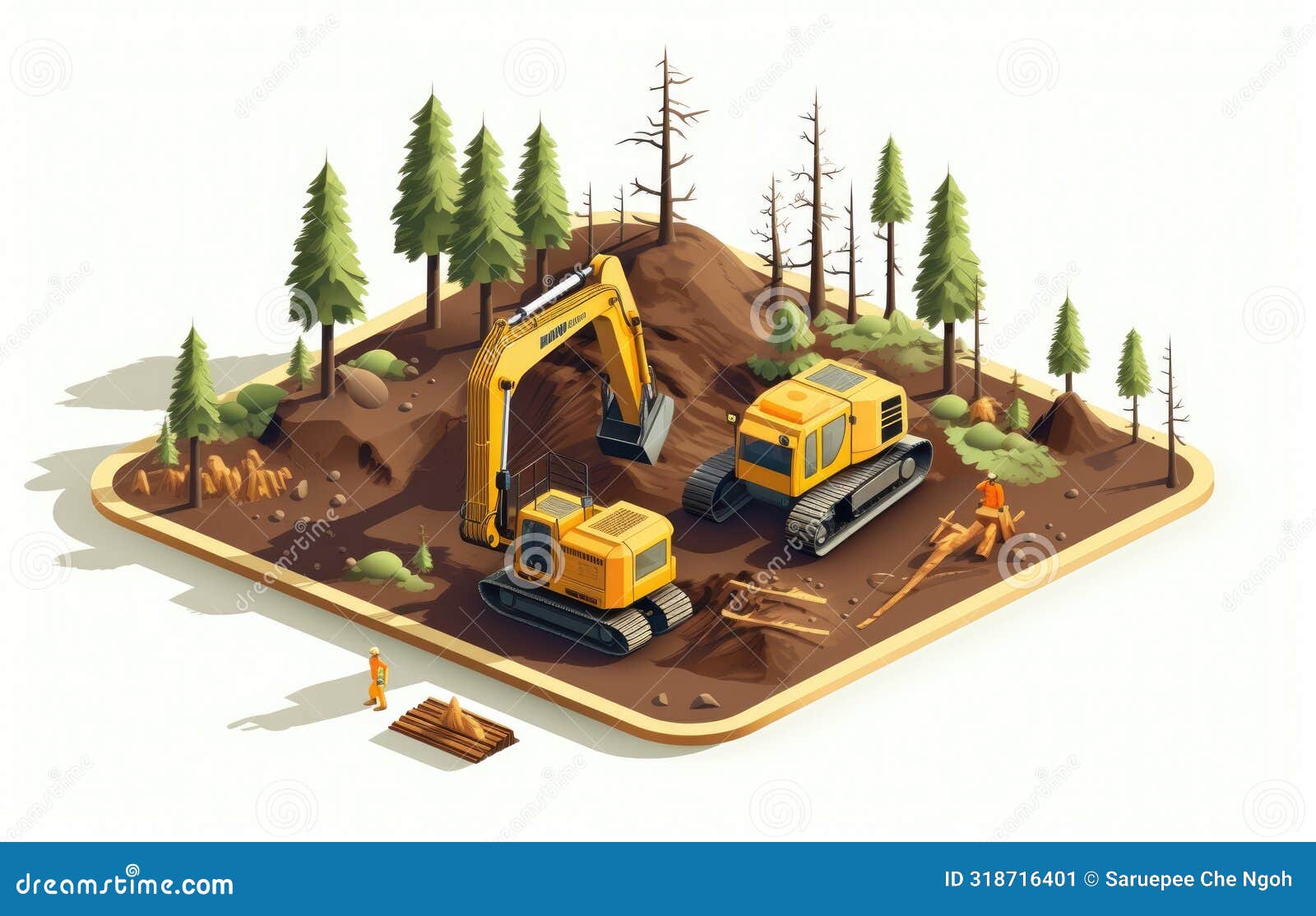 Land Development Concept Backhoe Clearing in Forest Isometric and ...