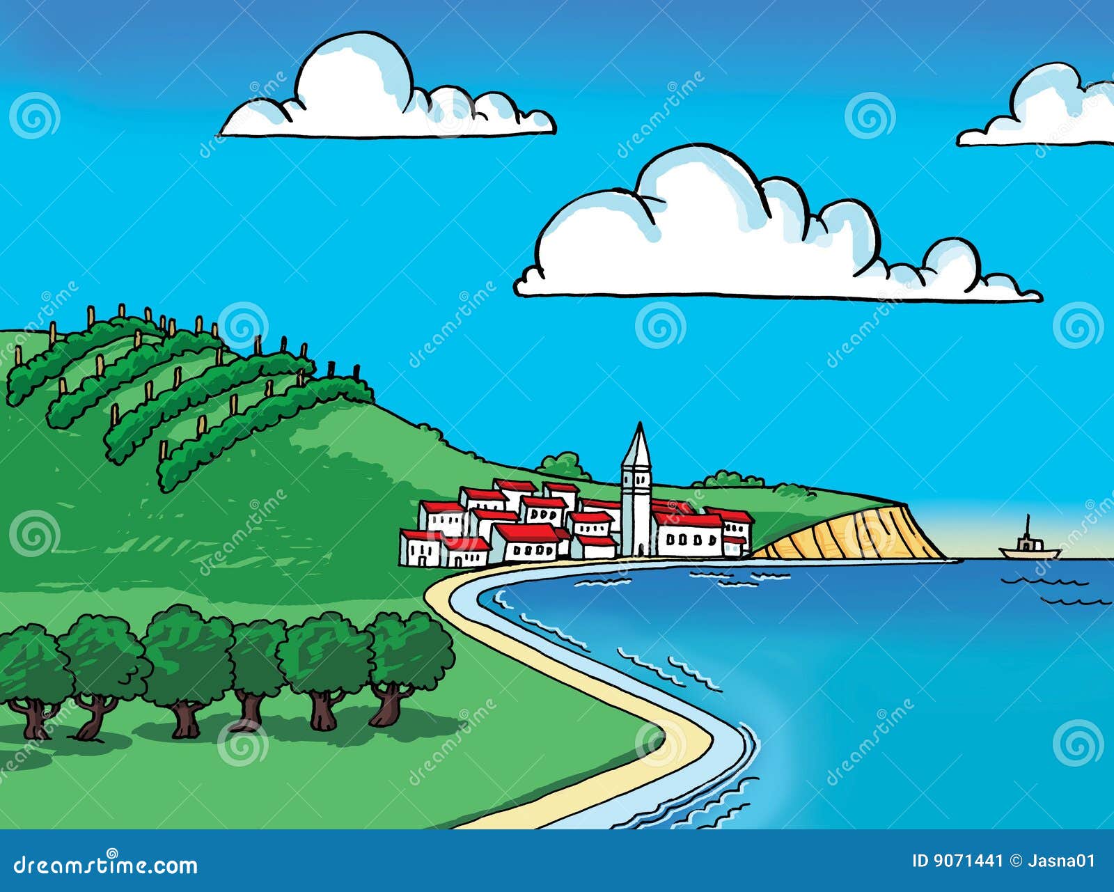 Land durch Meer stock abbildung. Illustration von küste - 9071441