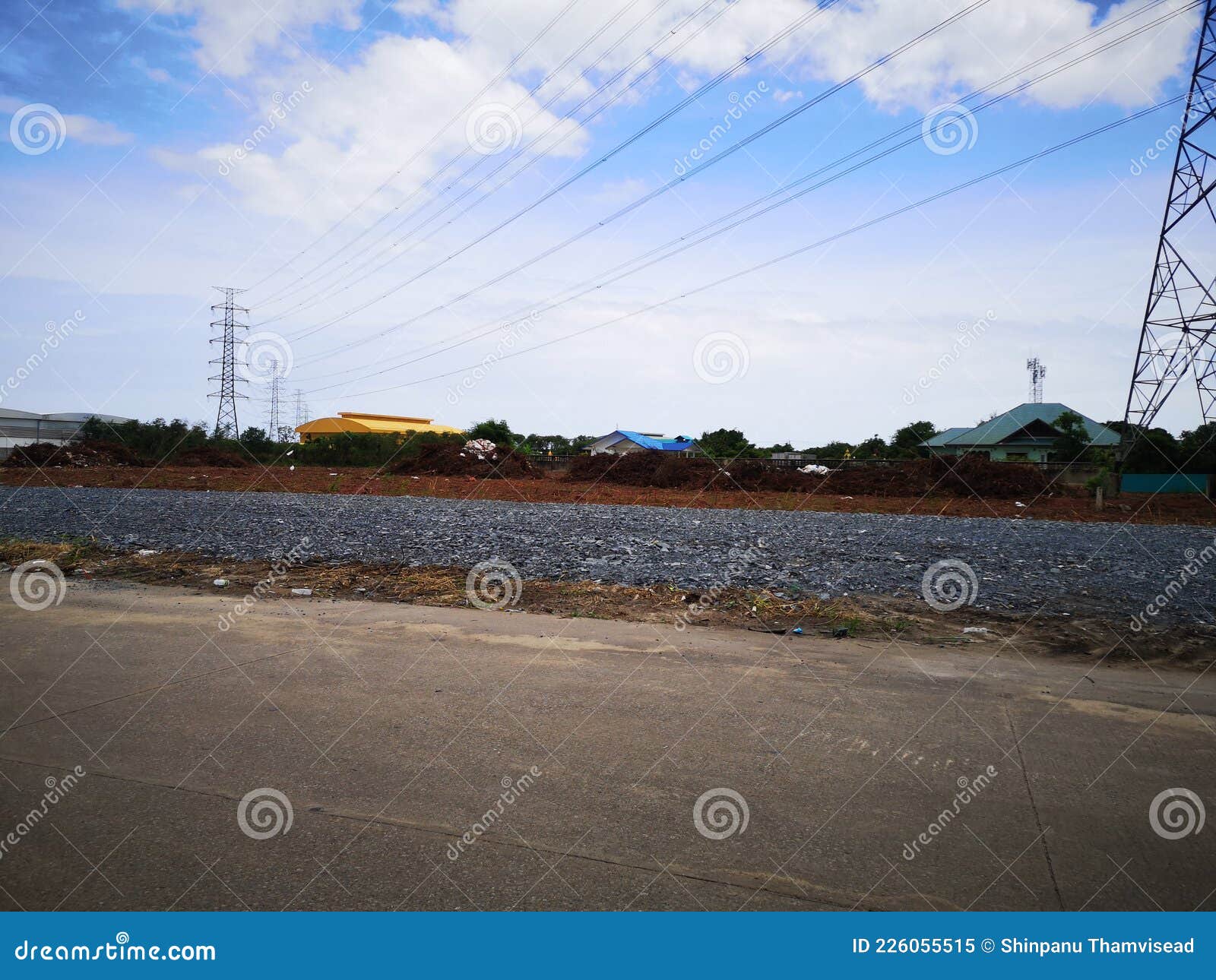 Land for Sale Concept. Landscape of Empty Land Plot and High Voltage ...