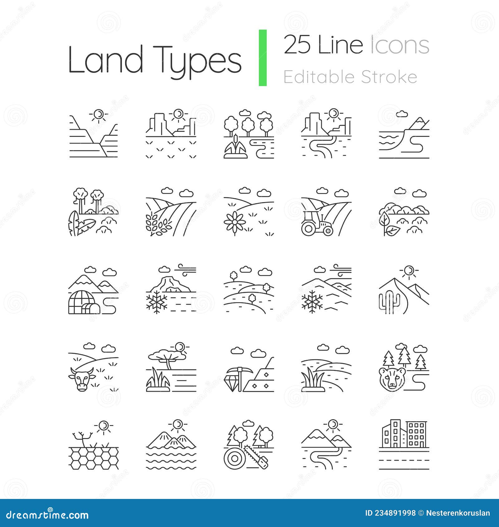 Land Types Linear Icons Set Stock Vector - Illustration of land ... Land Types Linear Icons Set Stock Vector - Illustration of land ...