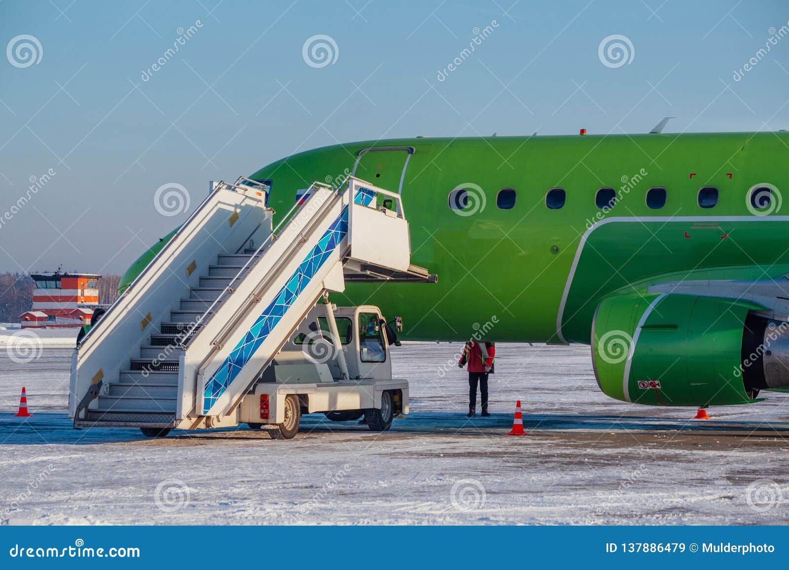 Landed Green Passenger Airplane with Attached Ladder Stock Image ...