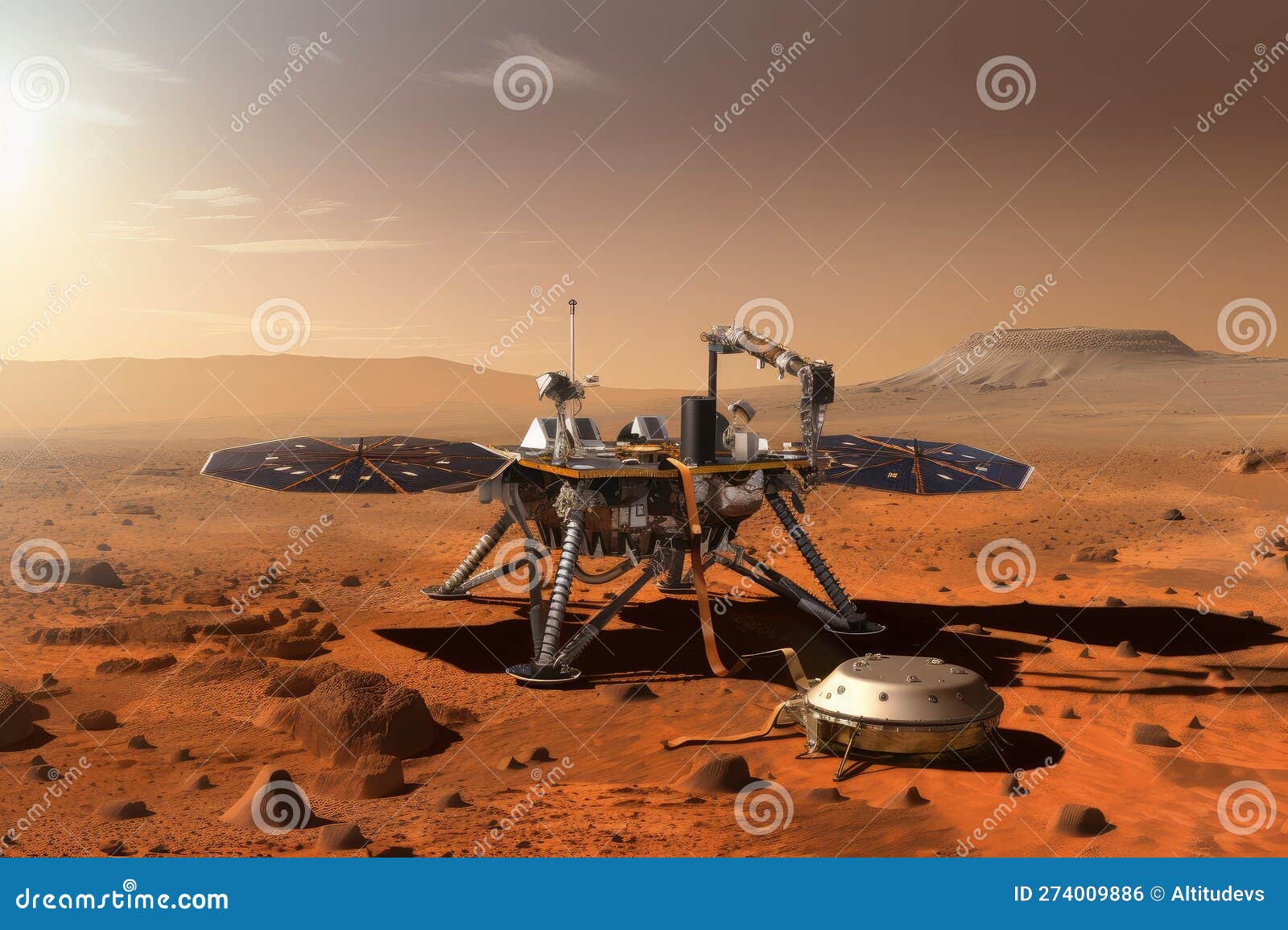 Lander on the Surface of Mars, with View of Blue Sky and Red Planet ...