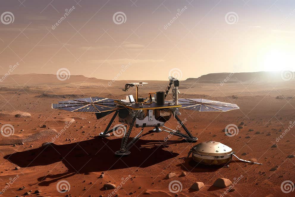 Lander on the Surface of Mars, with View of Blue Sky and Red Planet ...