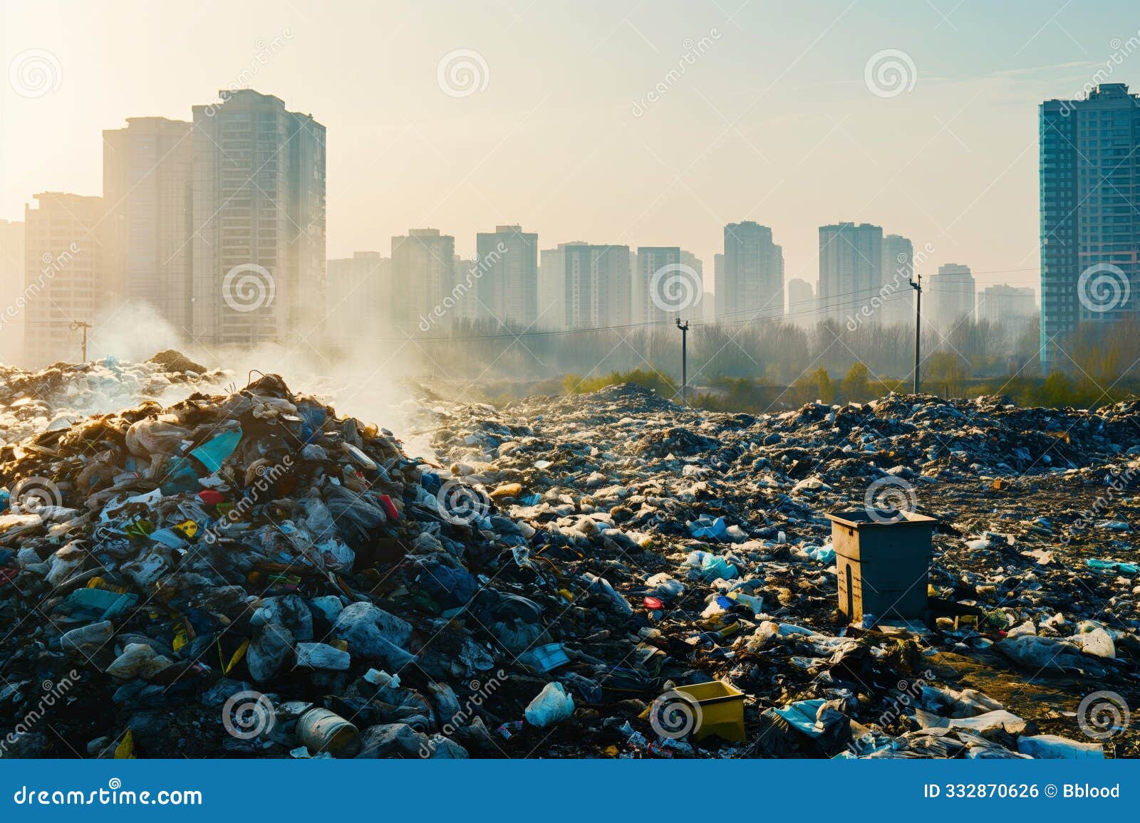 Landfill Site with City Backdrop in Haze Stock Photo - Image of trash ...