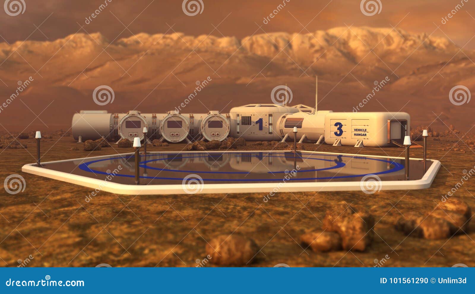 Landing Ares. the Colony on Mars. Autonomous Life on Mars. 3D Rendering ...