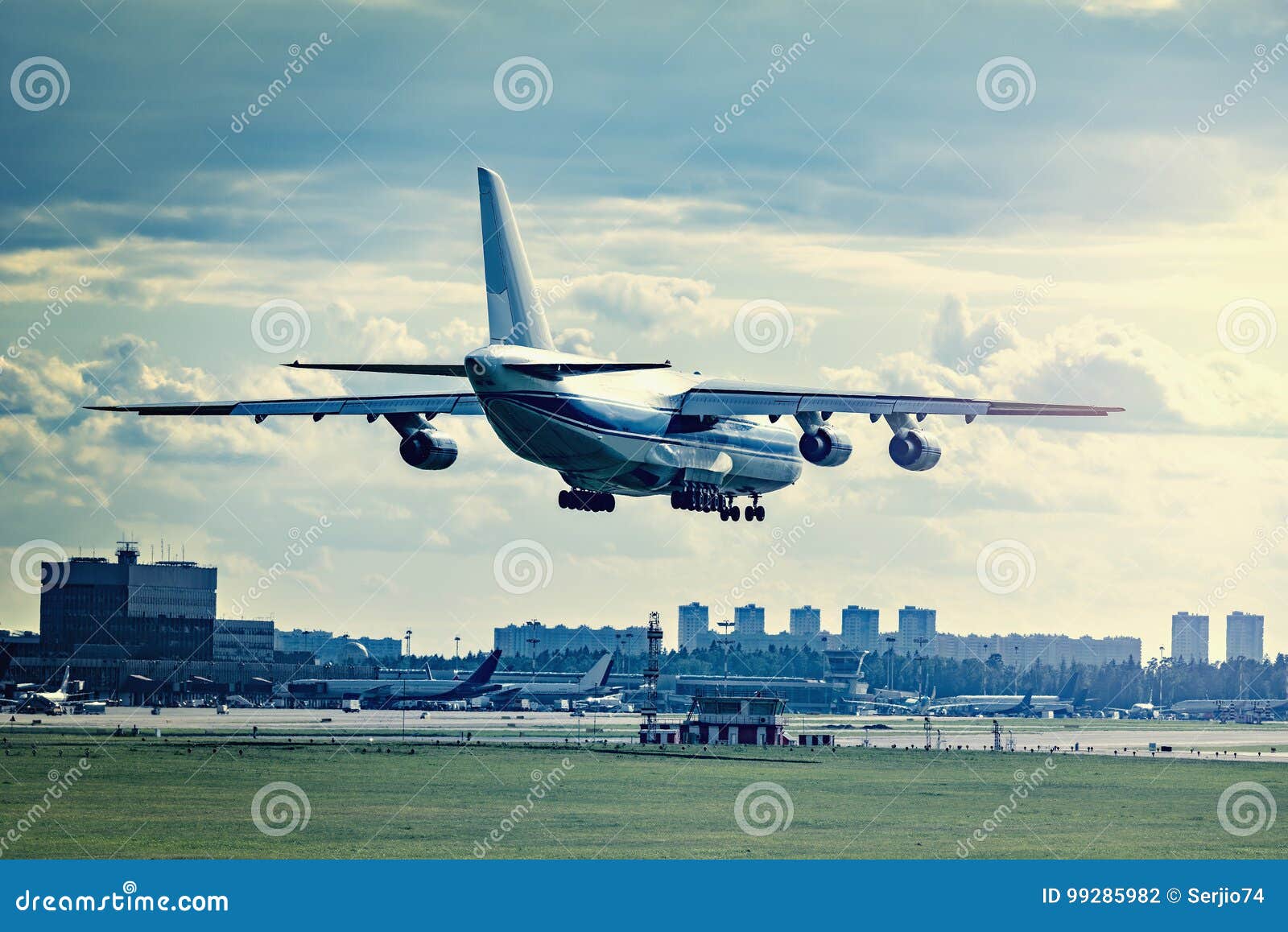 Landing of Big Cargo Airliner. Stock Photo - Image of approach, pilot ...