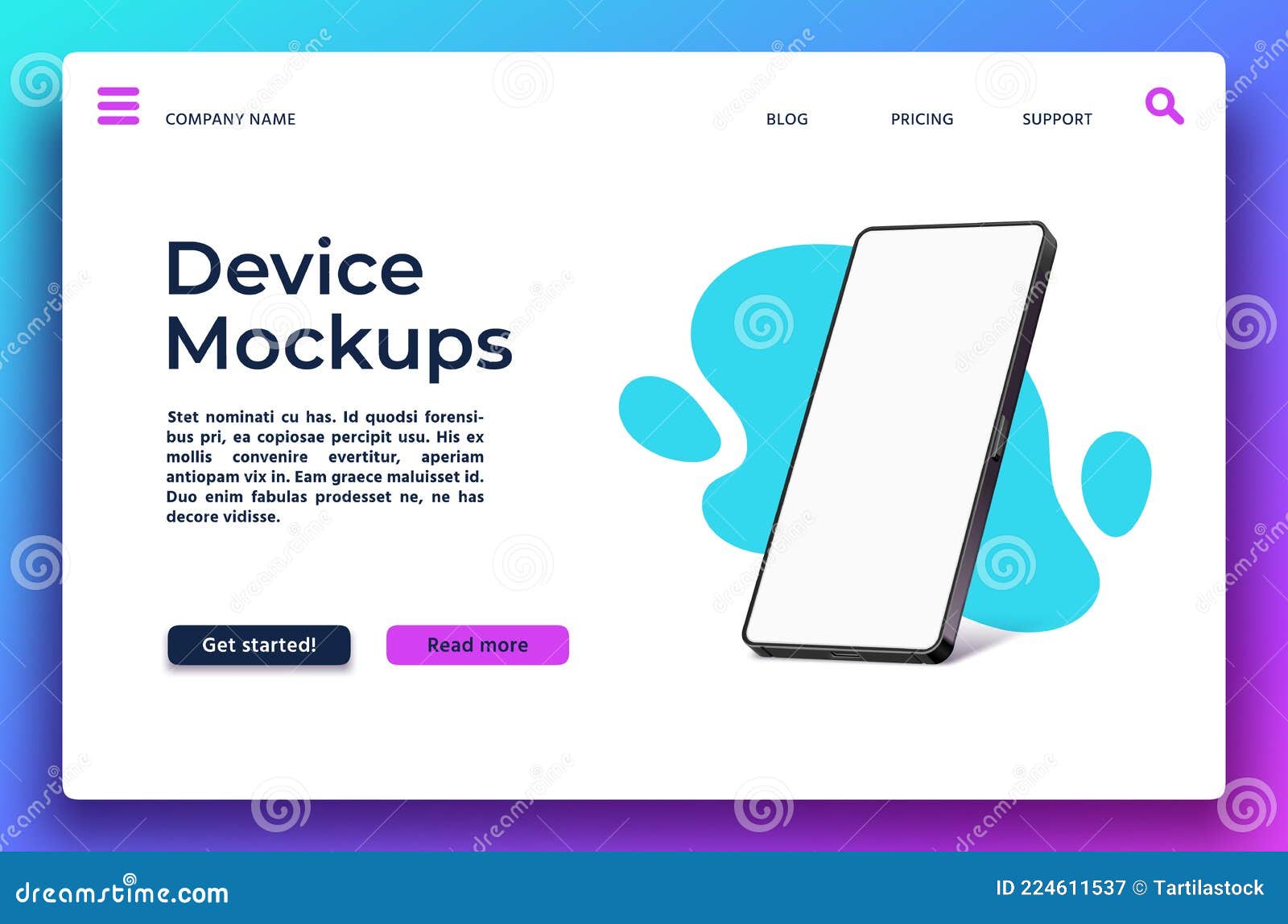 3D Mockup Mobile App Interface. Blank App Screen Front View. Horizontal ...