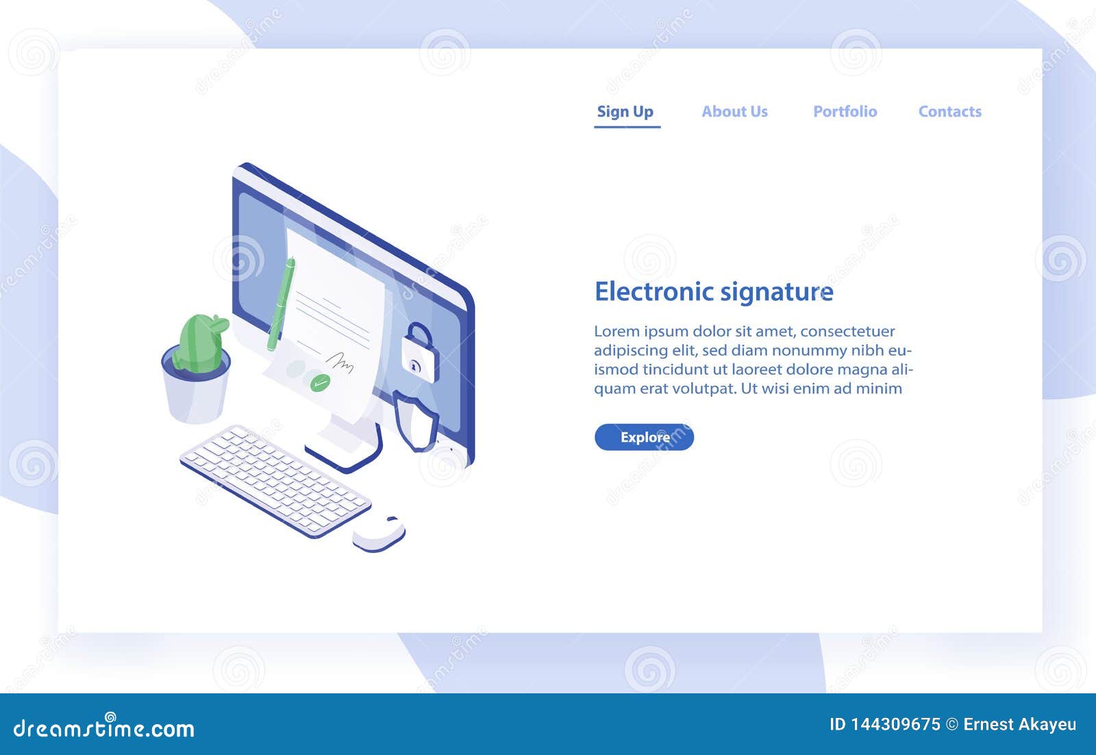 Landing Page Template with Desktop Computer, Paper Document with ...