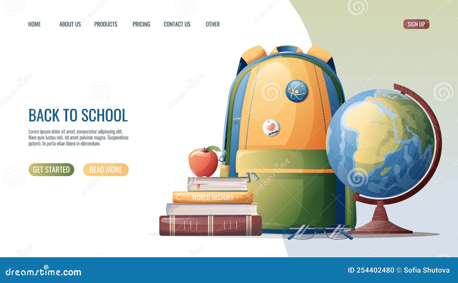 Landing Page Template with Globe, School Backpack and Stack of Books ...