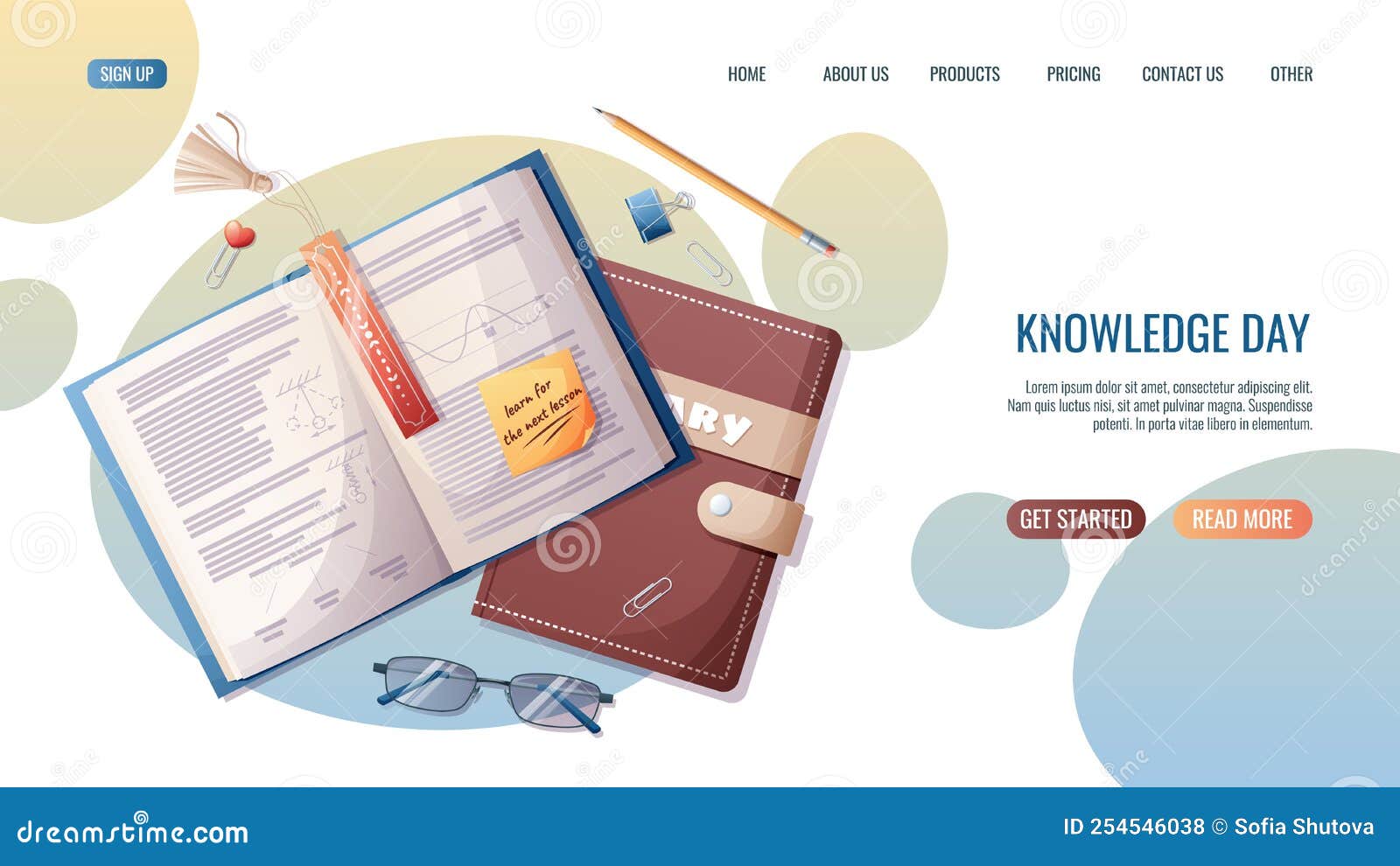 Landing Page Template with School Textbook, Diary and Paperclips.Back ...