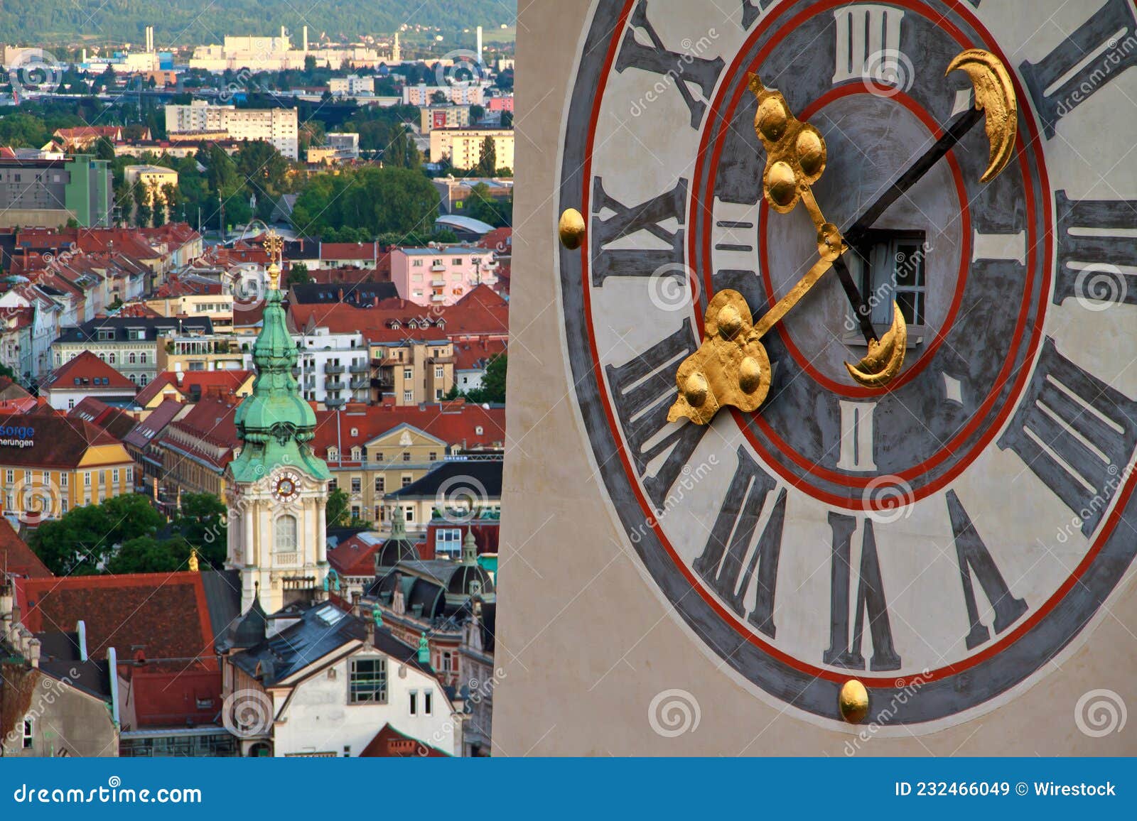 Landmark Clocktower in Graz with Huge Clock and the Citycentre Stock ...