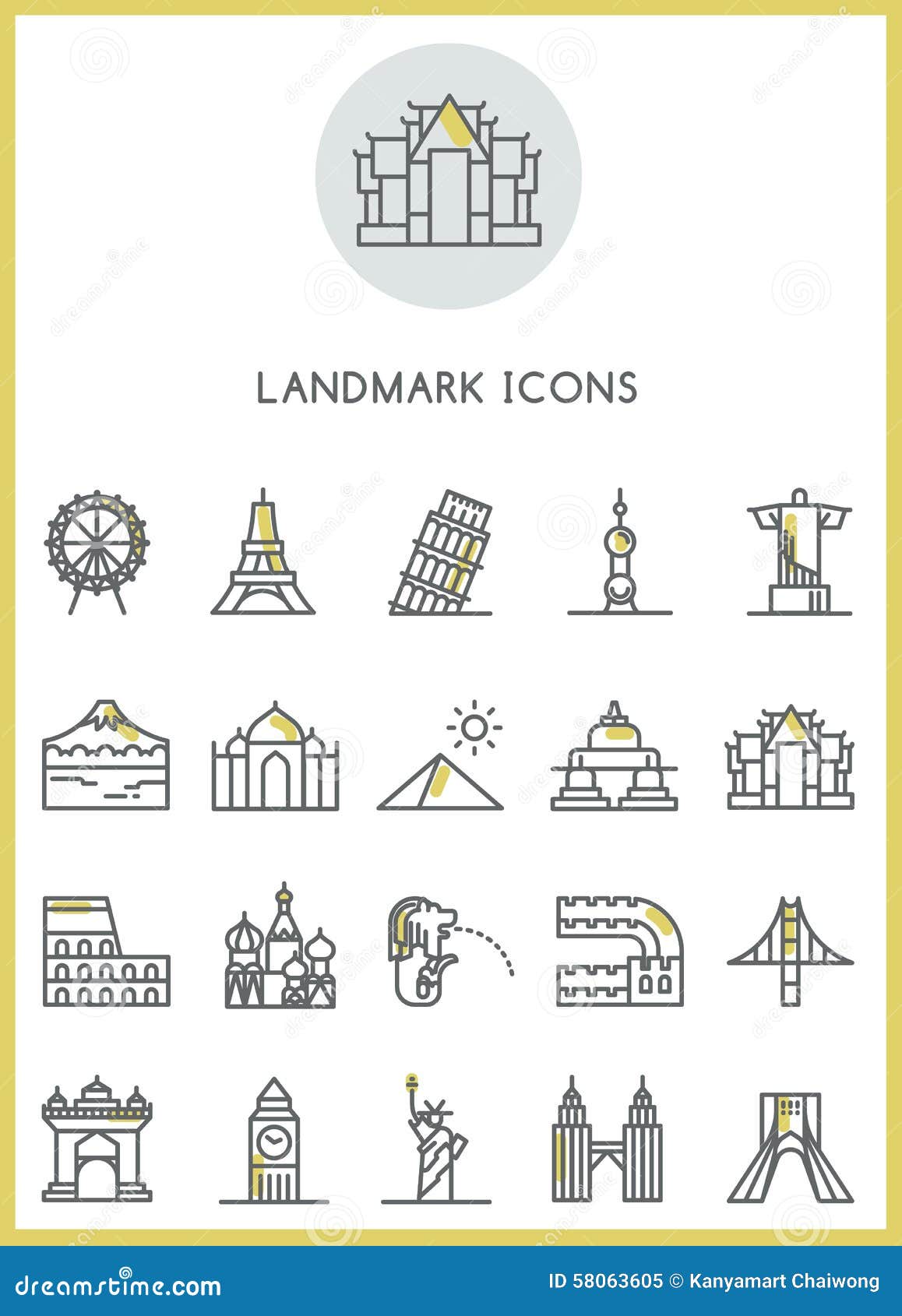 Landmark icons set stock vector. Illustration of background - 58063605