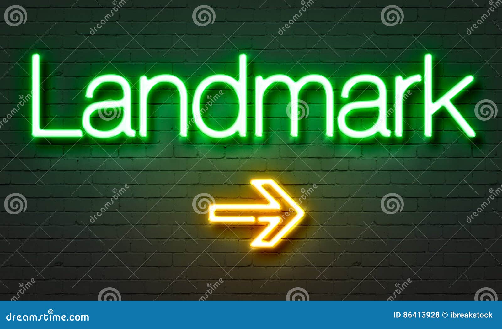 Landmark Neon Sign on Brick Wall Background. Stock Photo - Image of ...