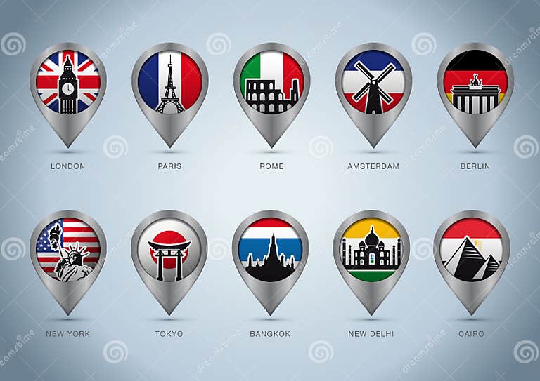 Landmark pins of the world stock vector. Illustration of background ...